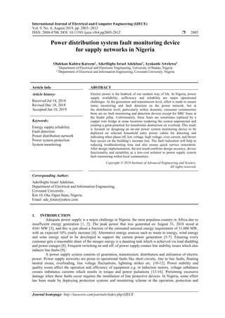Power distribution system fault monitoring device for supply networks in Nigeria | PDF