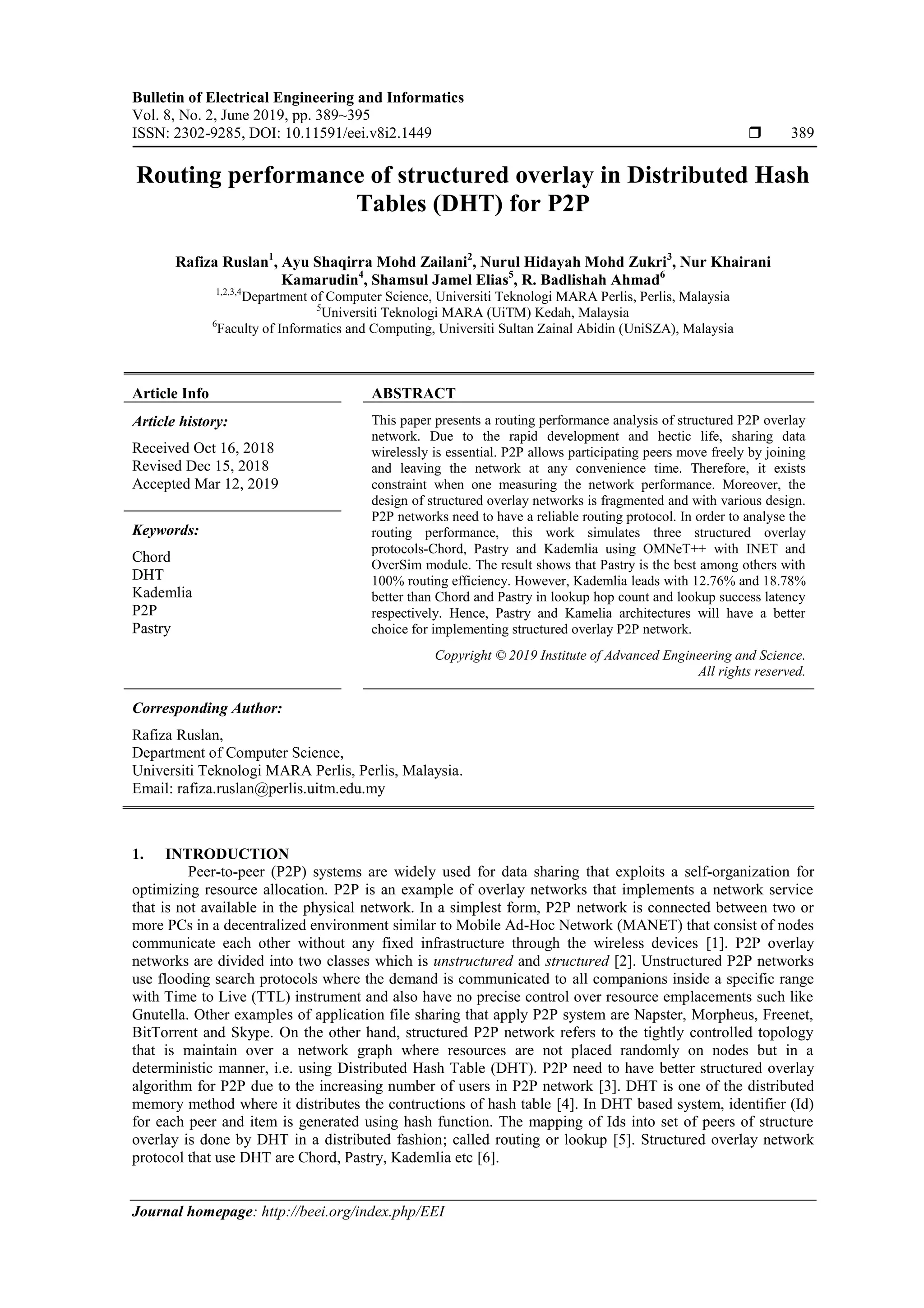 Routing Performance Of Structured Overlay In Distributed Hash Tables