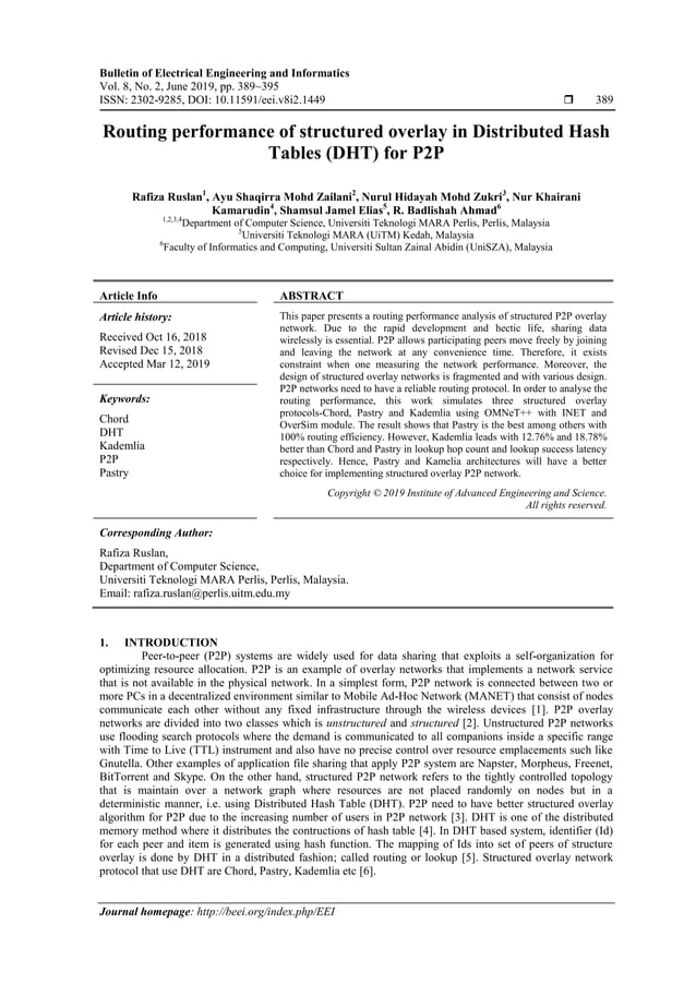 Routing performance of structured overlay in Distributed Hash Tables (DHT) for P2P | PDF