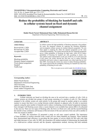 Reduce the probability of blocking for handoff and calls in cellular systems based on fixed and ...