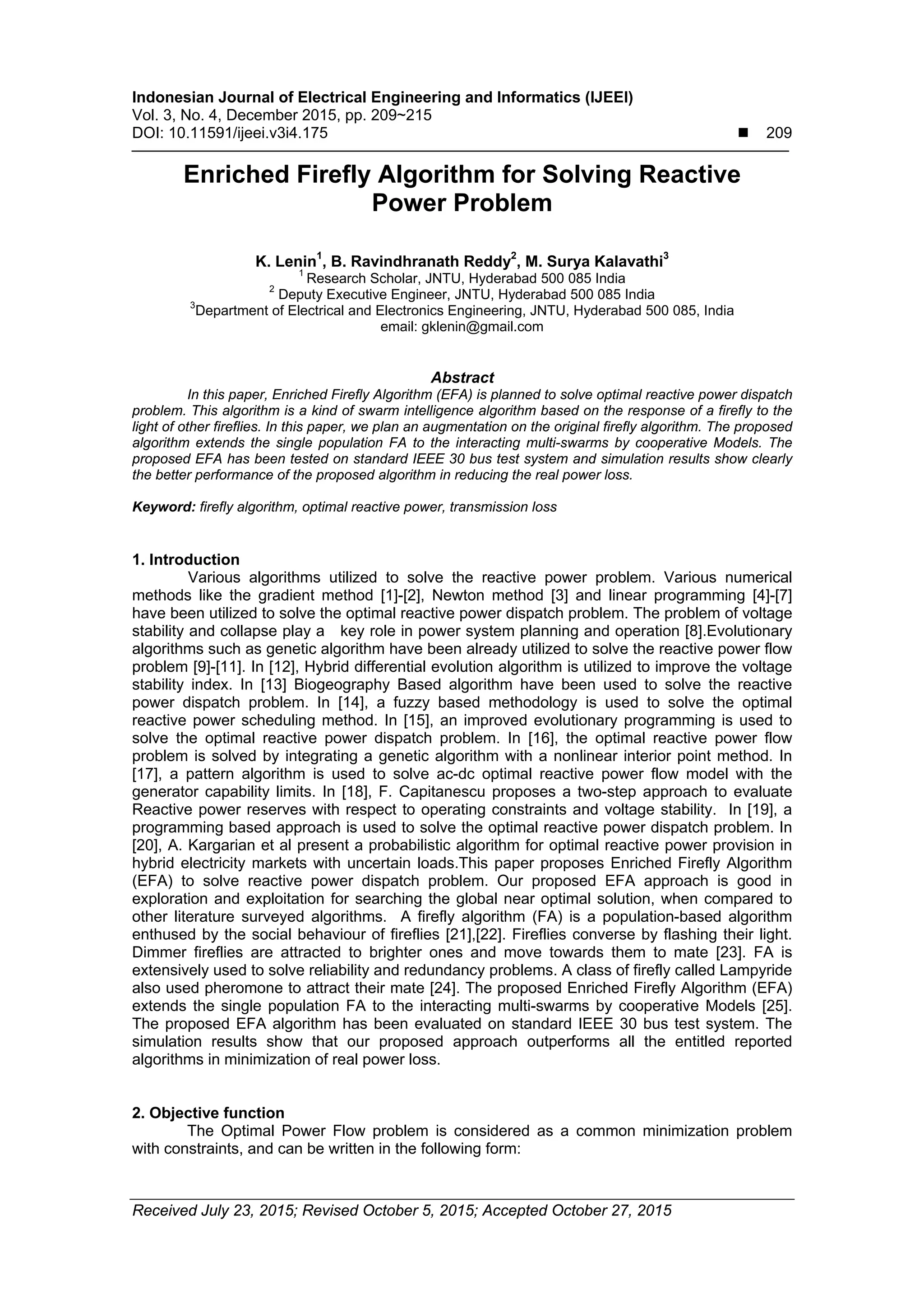 Enriched Firefly Algorithm For Solving Reactive Power Problem Pdf