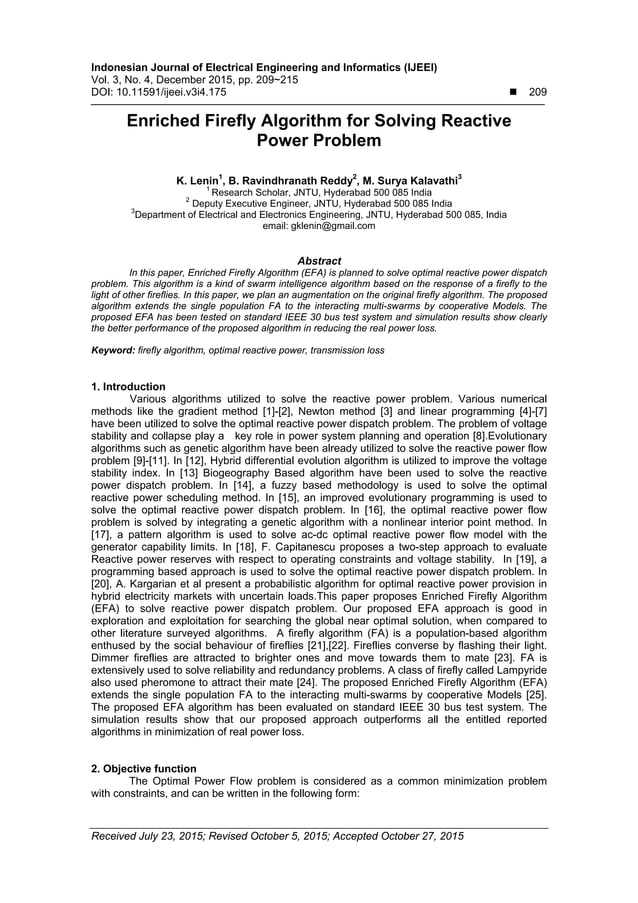 Enriched Firefly Algorithm for Solving Reactive Power Problem | PDF
