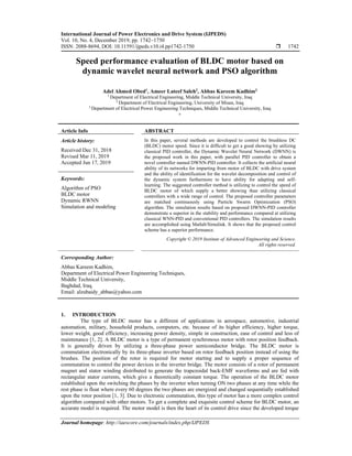 Speed performance evaluation of BLDC motor based on dynamic wavelet neural network and PSO ...