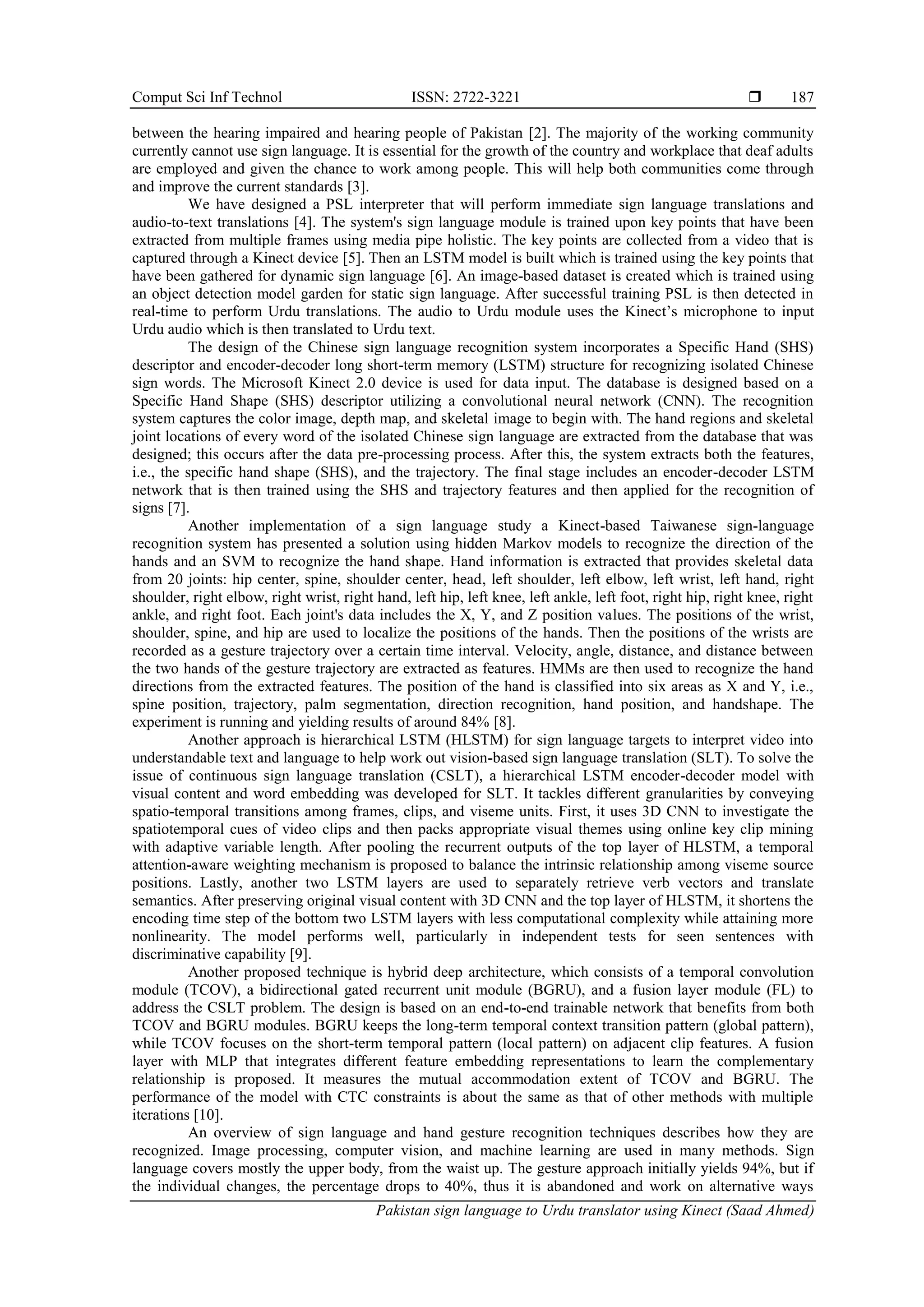 Pakistan sign language to Urdu translator using Kinect | PDF