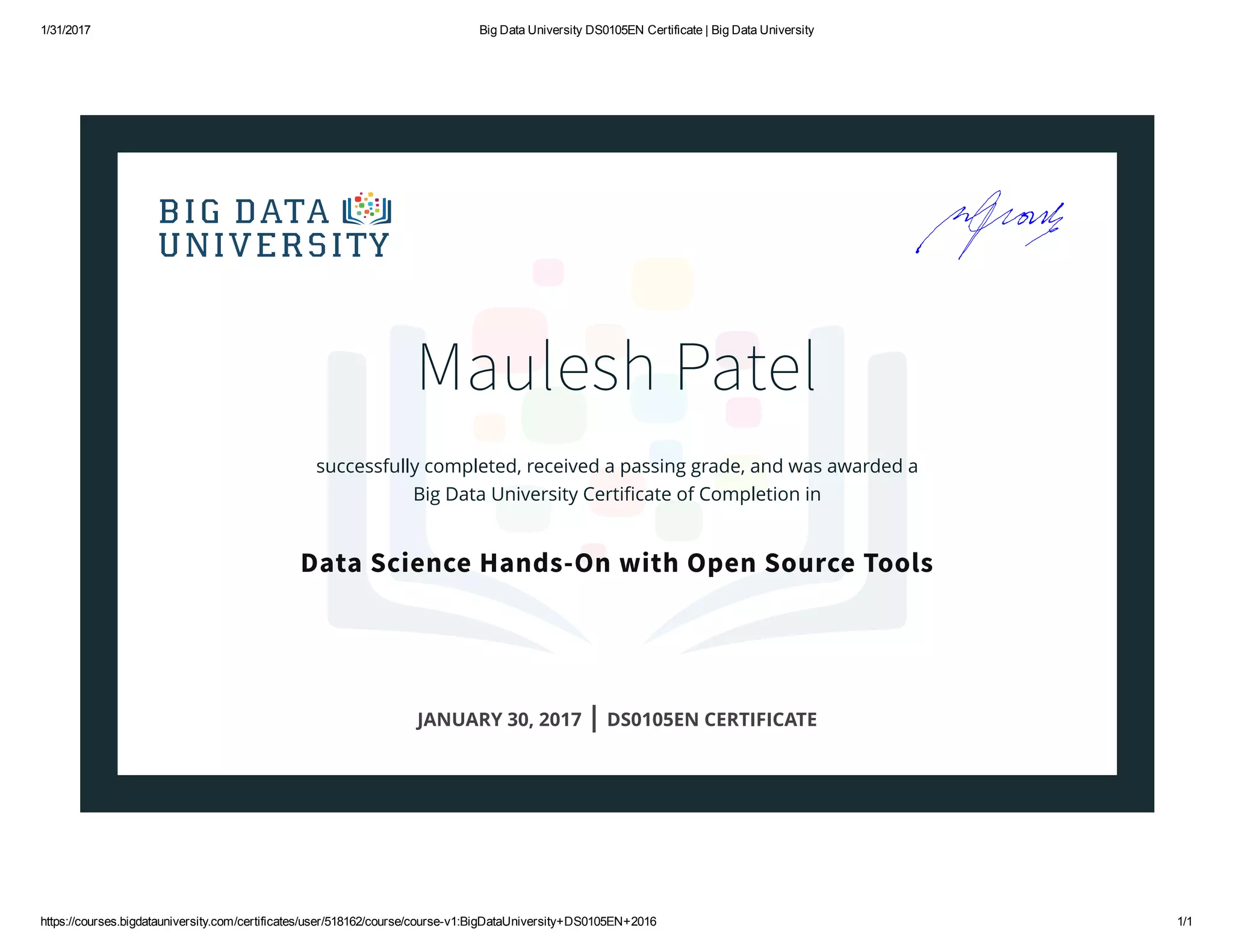 Big Data University DS0105EN Certificate _ Big Data University | PPT