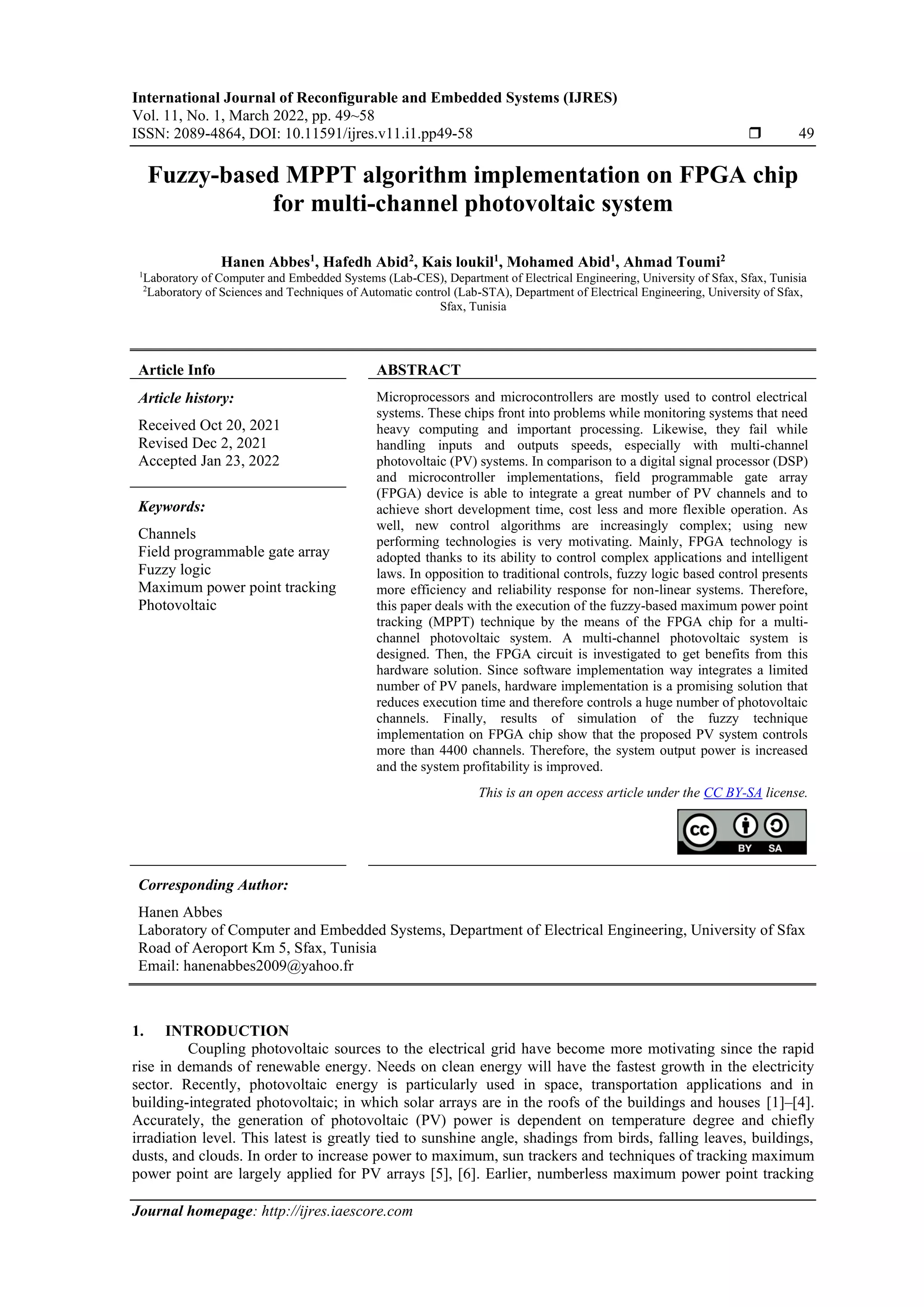 Fuzzy-based MPPT algorithm implementation on FPGA chip for multi-channel photovoltaic system | PDF
