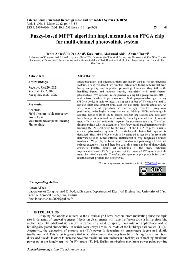 Fuzzy-based MPPT algorithm implementation on FPGA chip for multi-channel photovoltaic system | PDF