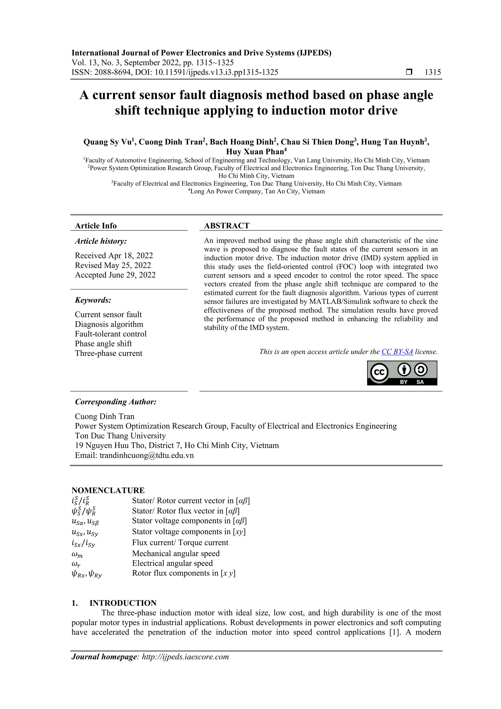 A current sensor fault diagnosis method based on phase angle shift technique applying to ...