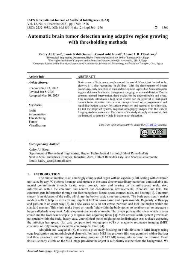 Automatic brain tumor detection using adaptive region growing with thresholding methods | PDF