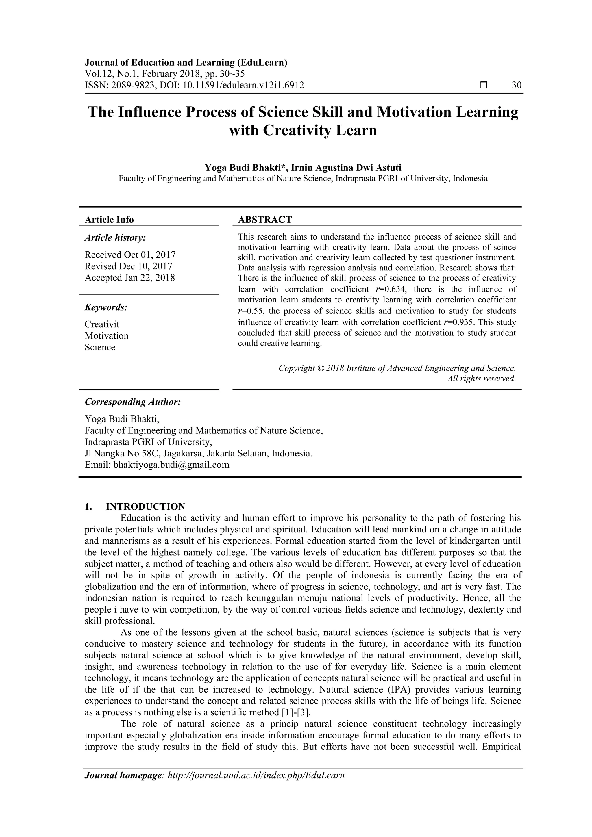 The Influence Process of Science Skill and Motivation Learning with ...