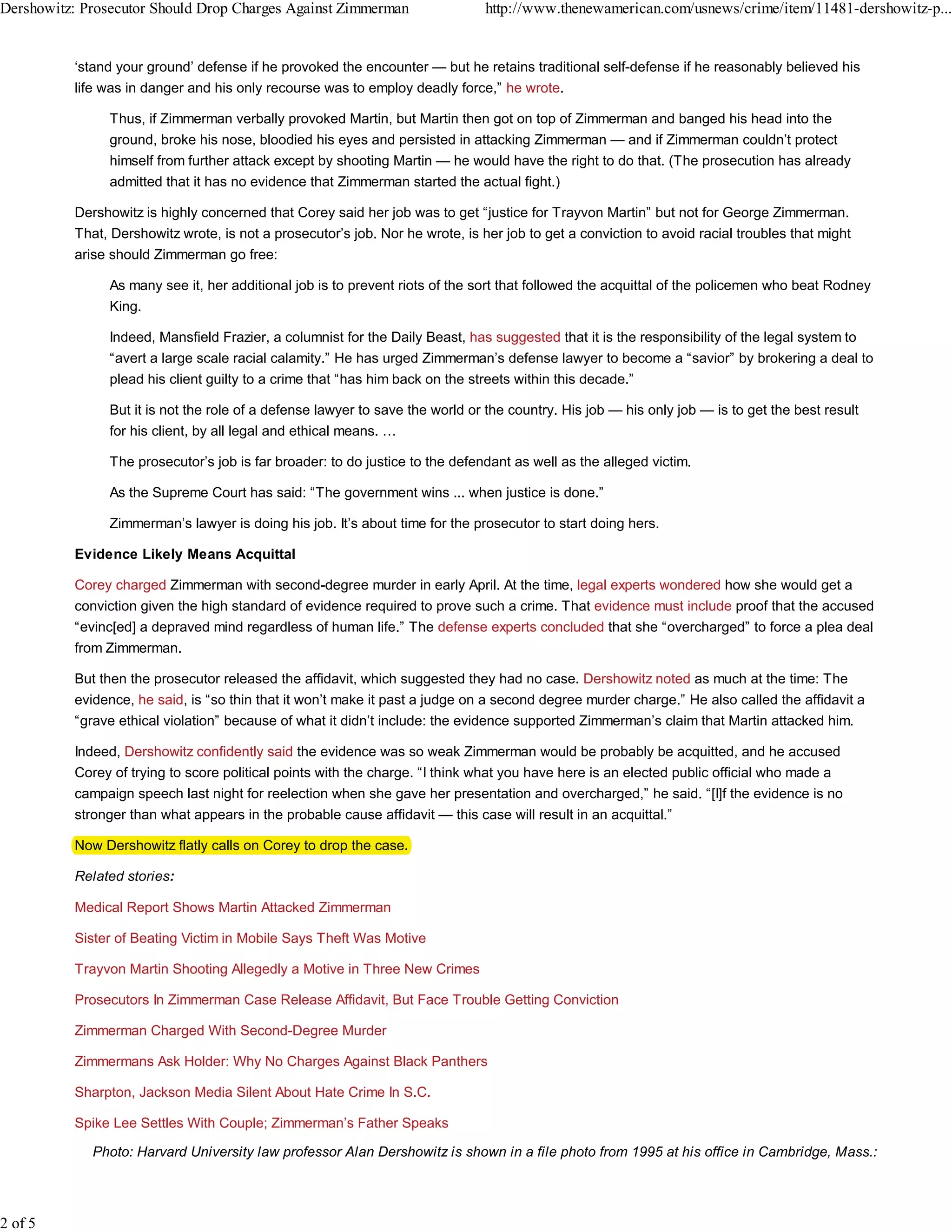 05/23/12 - DERSHOWITZ (Prosecutor Should Drop Charges) | PDF