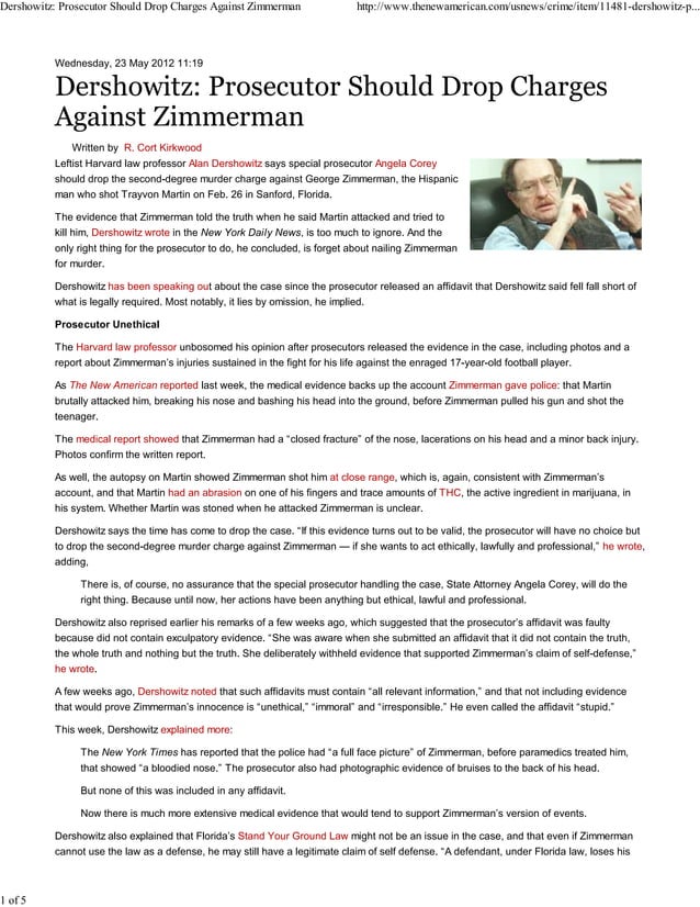 05/23/12 - DERSHOWITZ (Prosecutor Should Drop Charges) | PDF