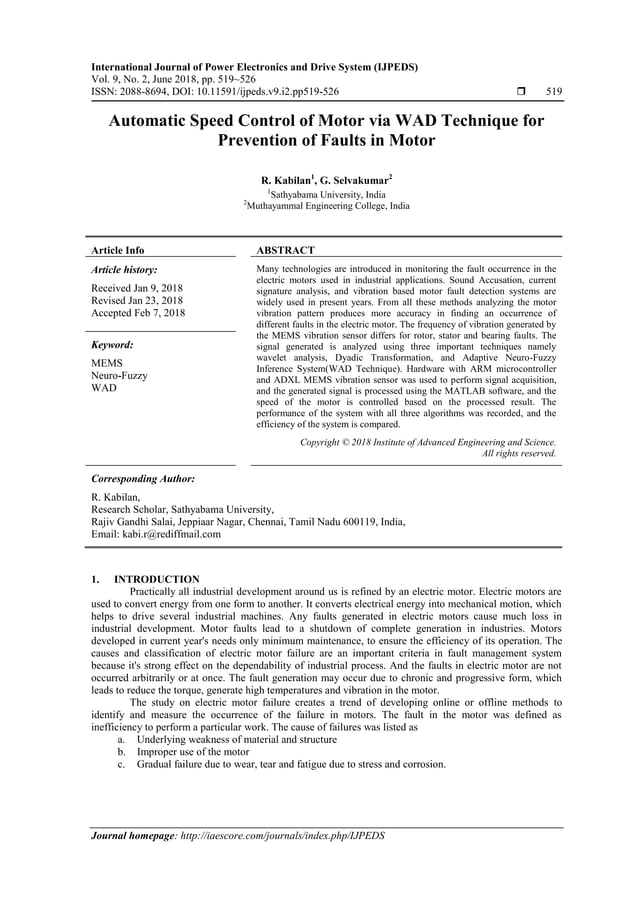 Automatic Speed Control of Motor via WAD Technique for Prevention of Faults in Motor | PDF