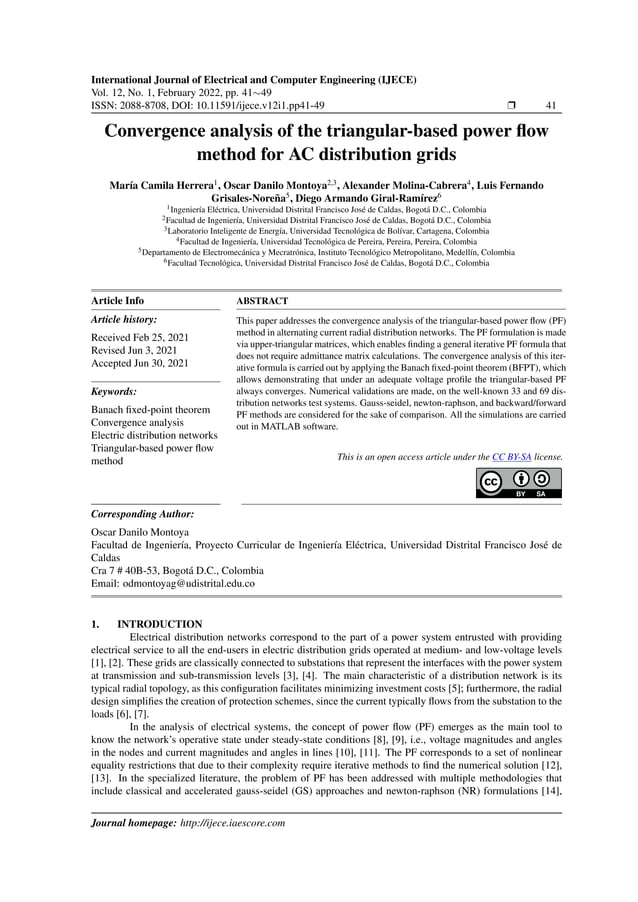 Convergence analysis of the triangular-based power ﬂow method for AC distribution grids | PDF