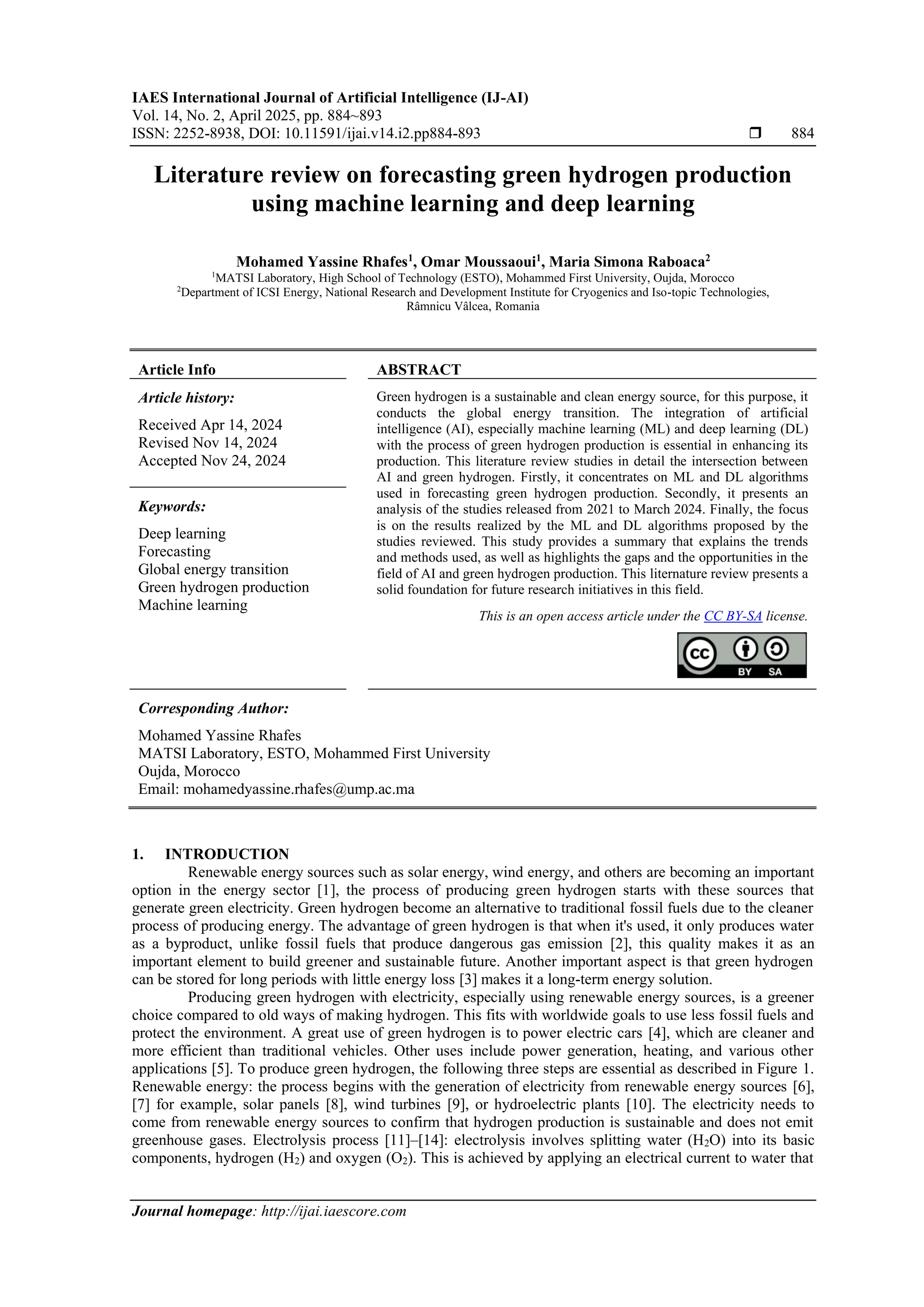 Literature review on forecasting green hydrogen production using ...