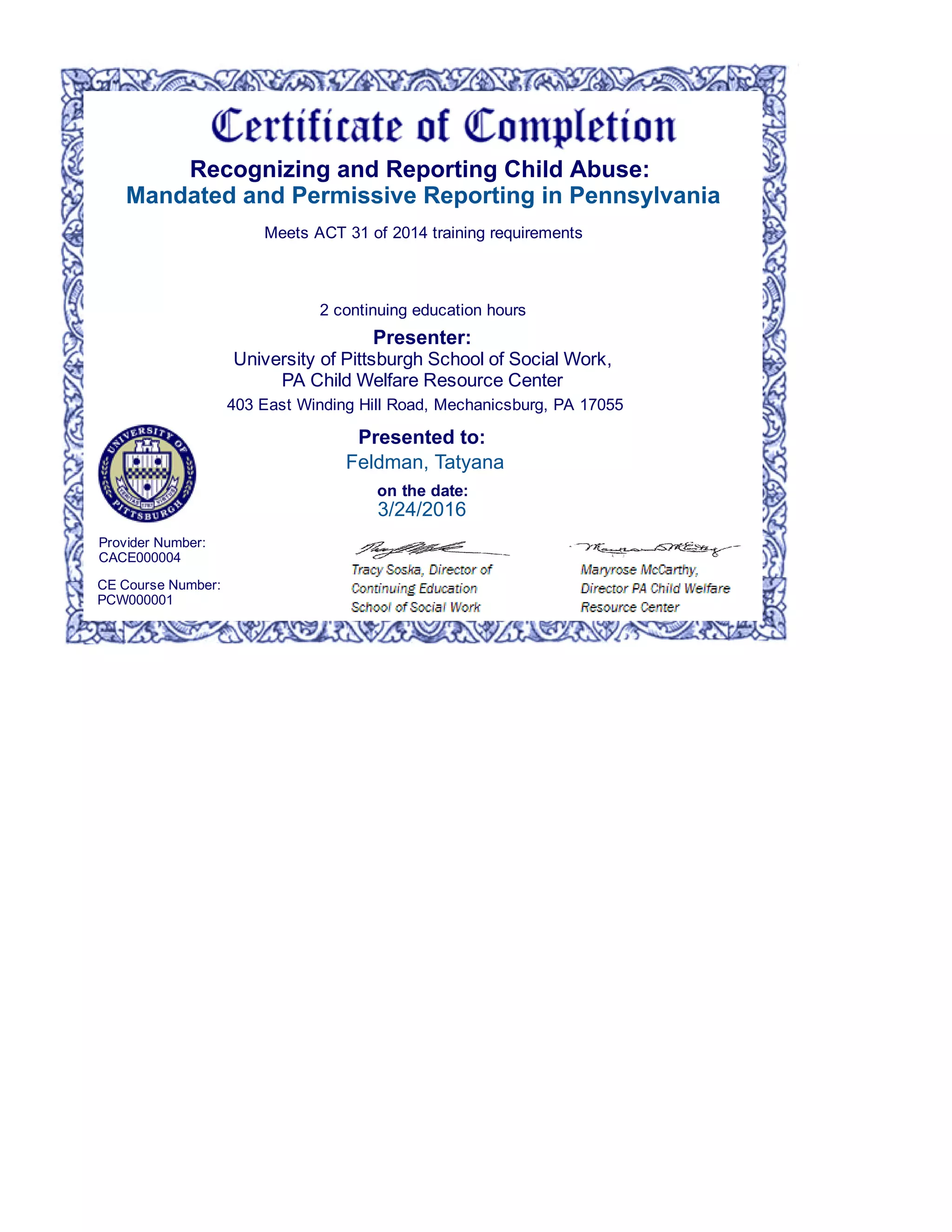 Certificate of Completion child abuse | PDF