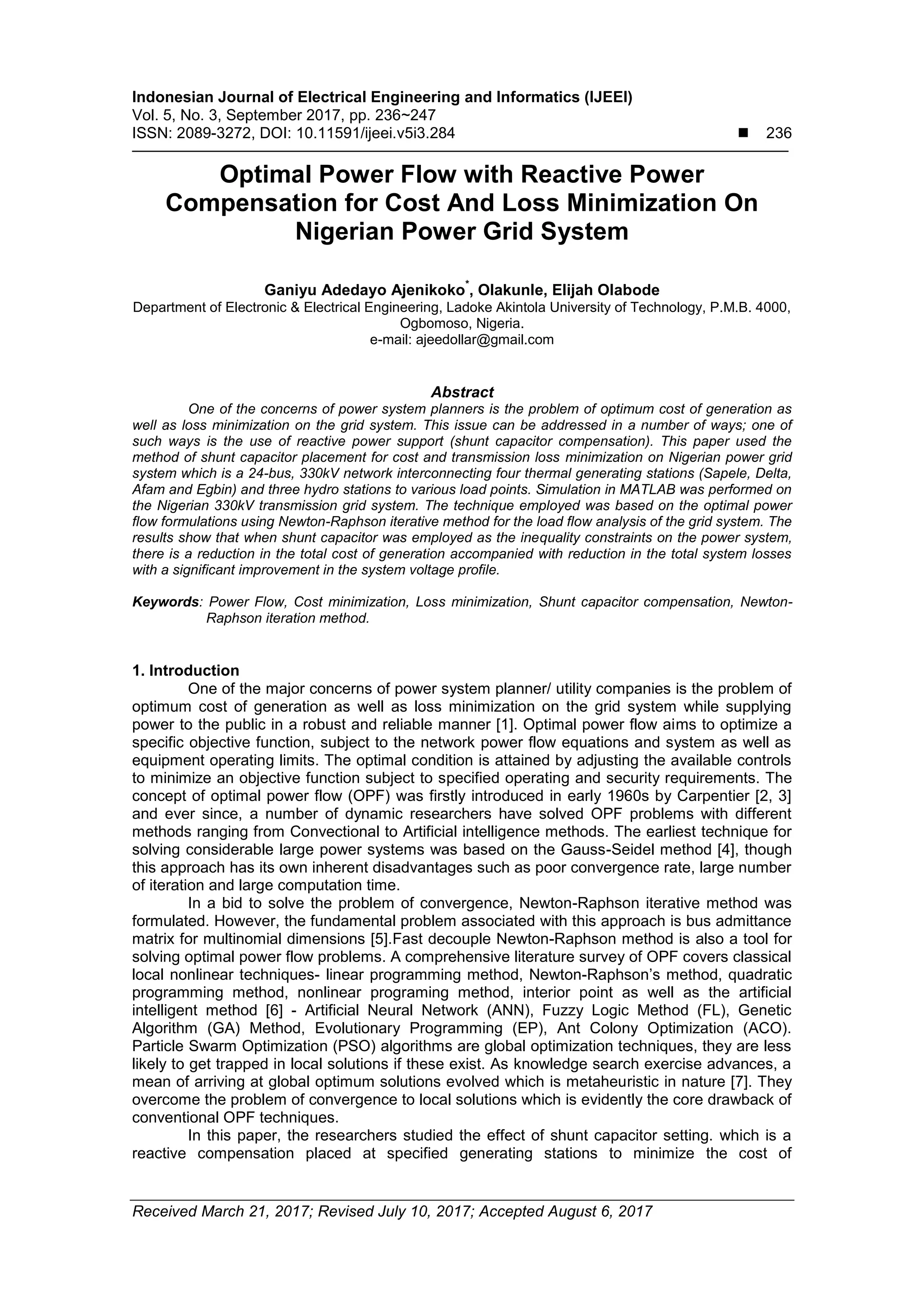 Optimal Power Flow With Reactive Power Compensation For Cost And Loss Minimization On Nigerian