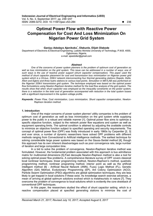 Optimal Power Flow With Reactive Power Compensation For Cost And Loss Minimization On Nigerian