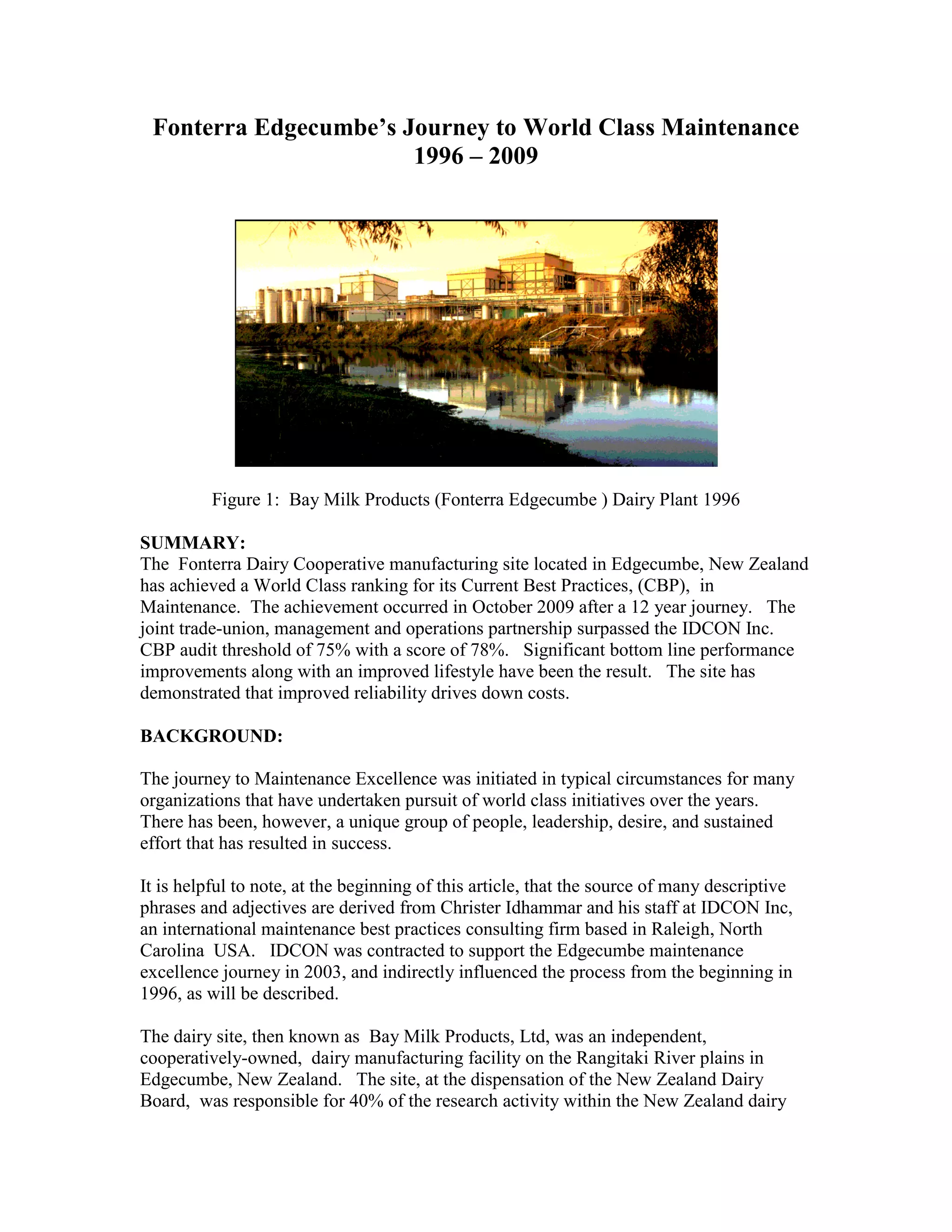 Fonterra Edgecumbe Journey to World Class Maintenance Practices 100529 | PDF