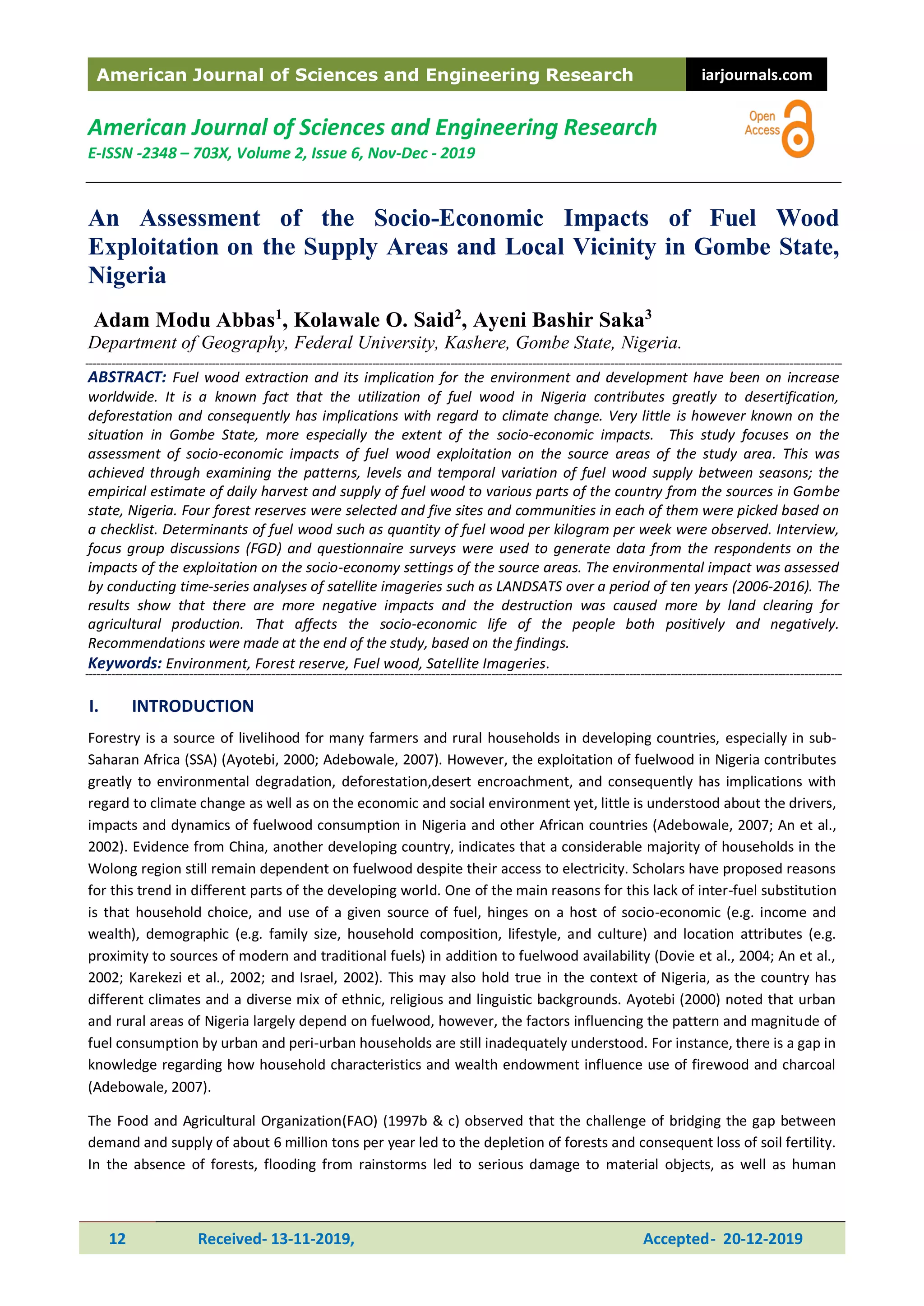An Assessment of the Socio-Economic Impacts of Fuel Wood Exploitation ...
