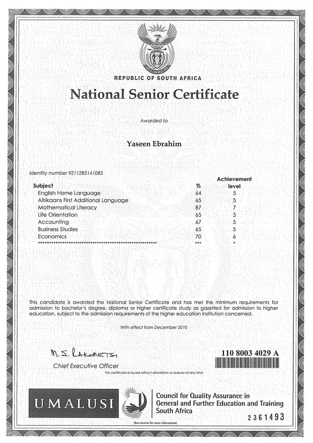 National Senior Certificate of Yaseen Ebrahim | PDF