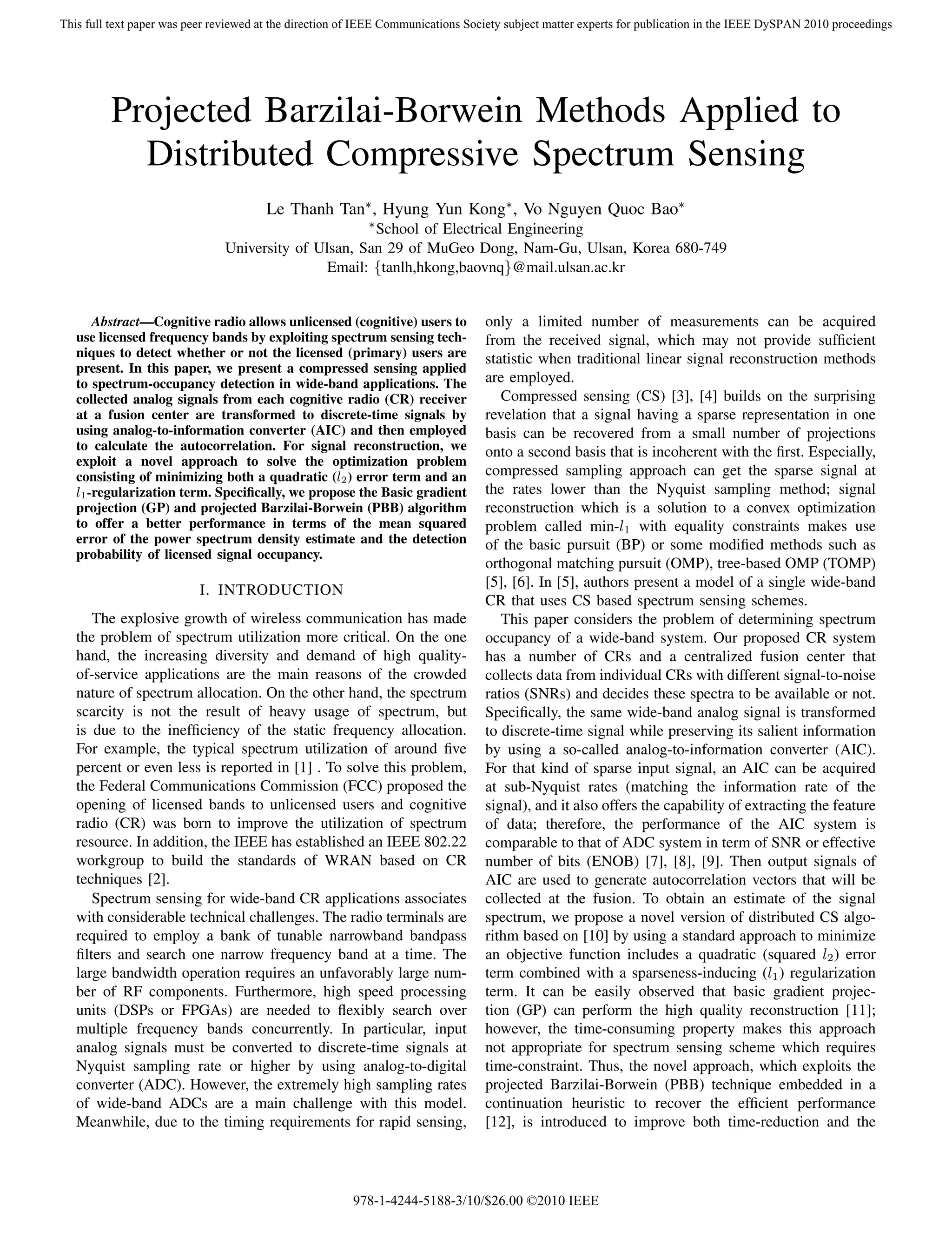 Projected Barzilai-Borwein Methods Applied to Distributed Compressive Spectrum Sensing | PDF