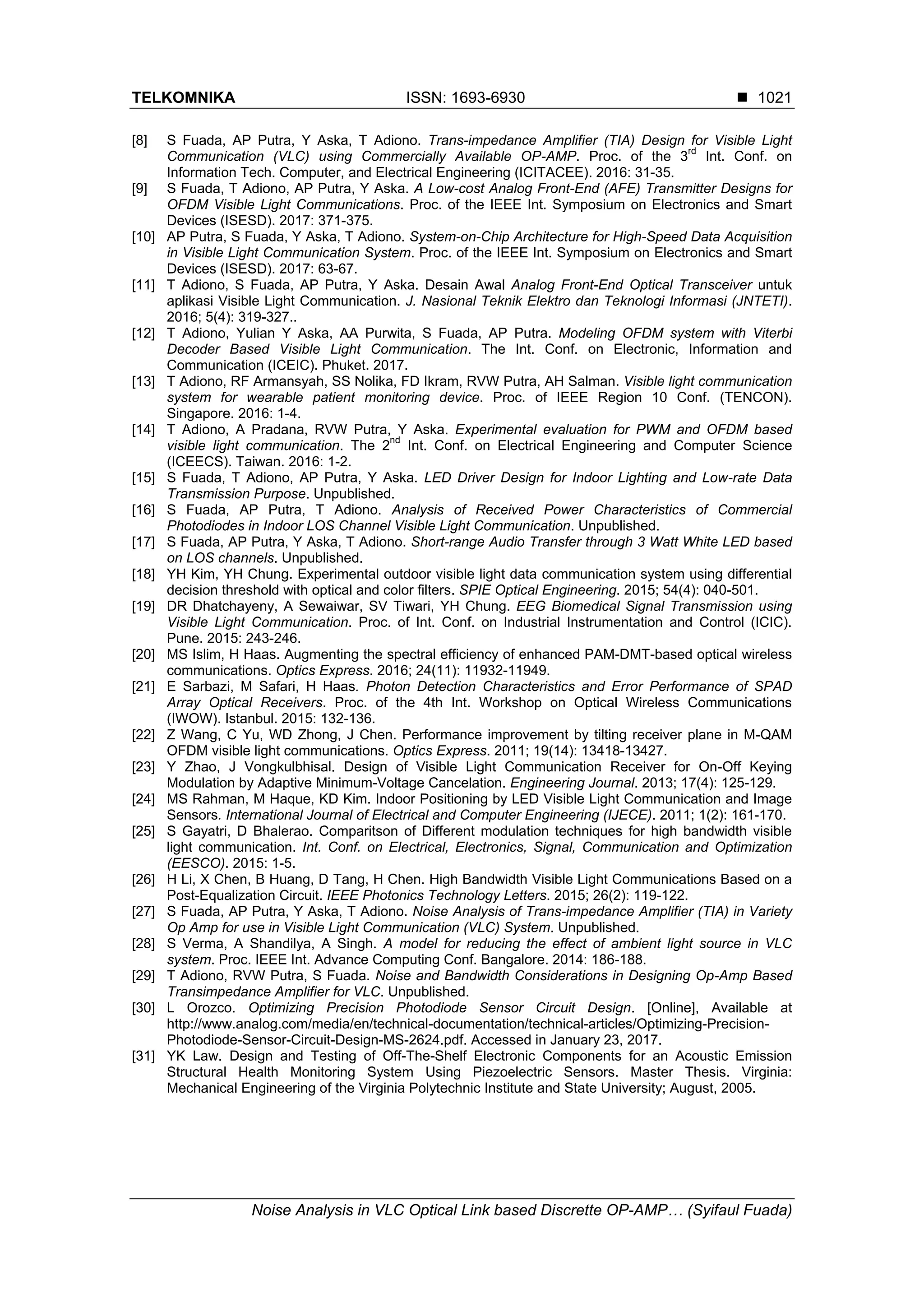 Noise Analysis in VLC Optical Link based Discrette OPAMP Trans ...