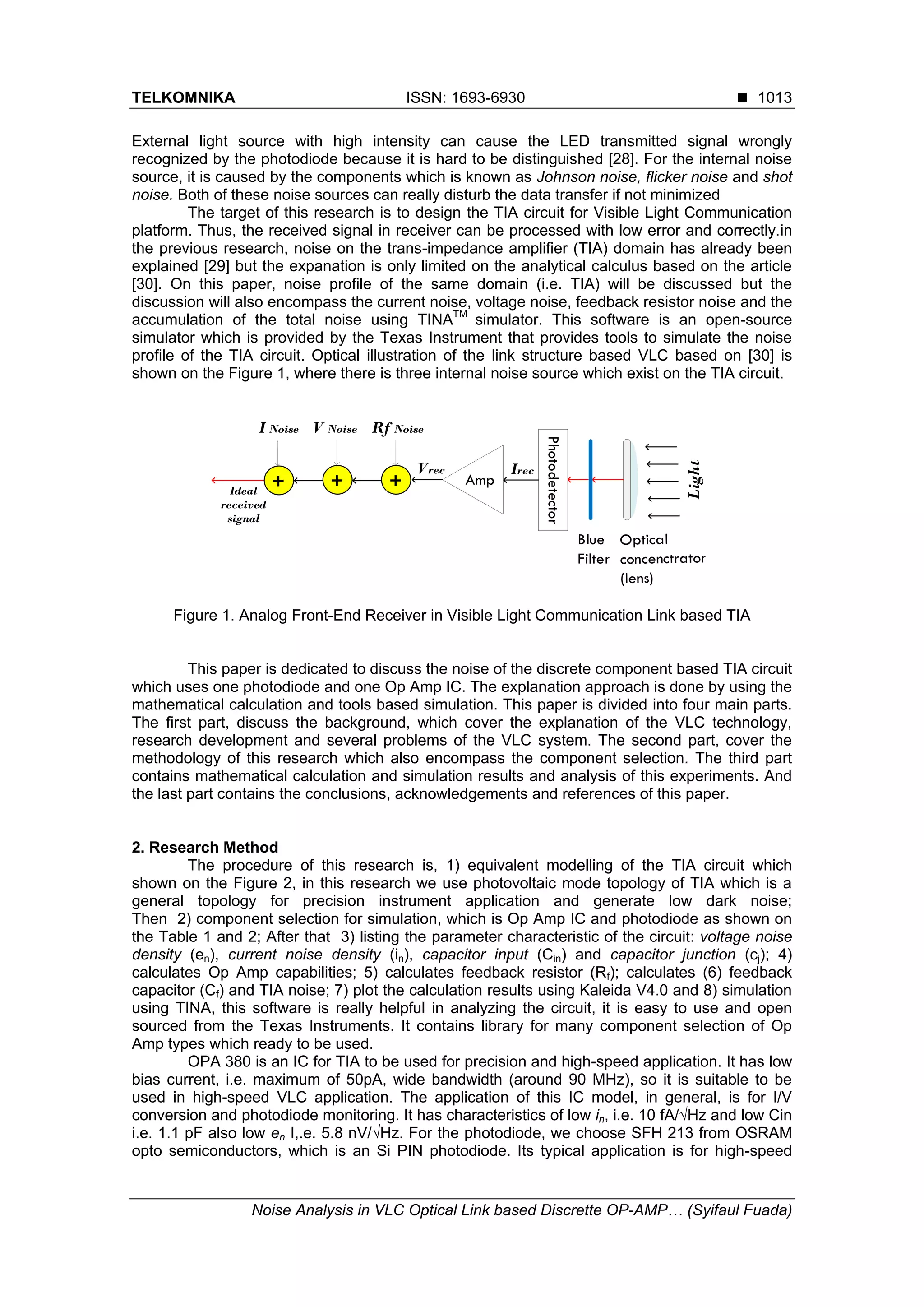Noise Analysis in VLC Optical Link based Discrette OPAMP Trans-impedance Amplifier (TIA) | PDF