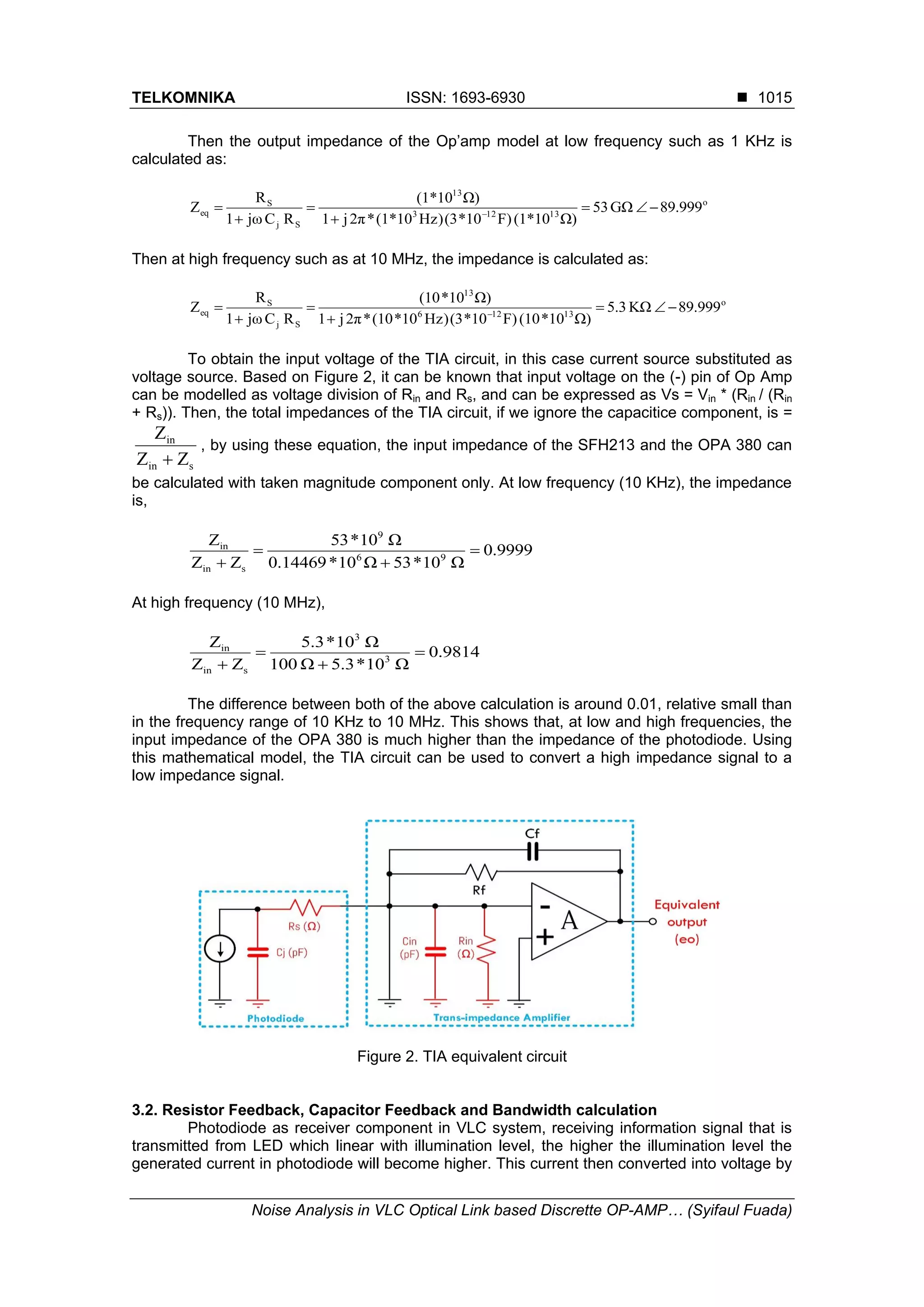 Noise Analysis in VLC Optical Link based Discrette OPAMP Trans-impedance Amplifier (TIA) | PDF