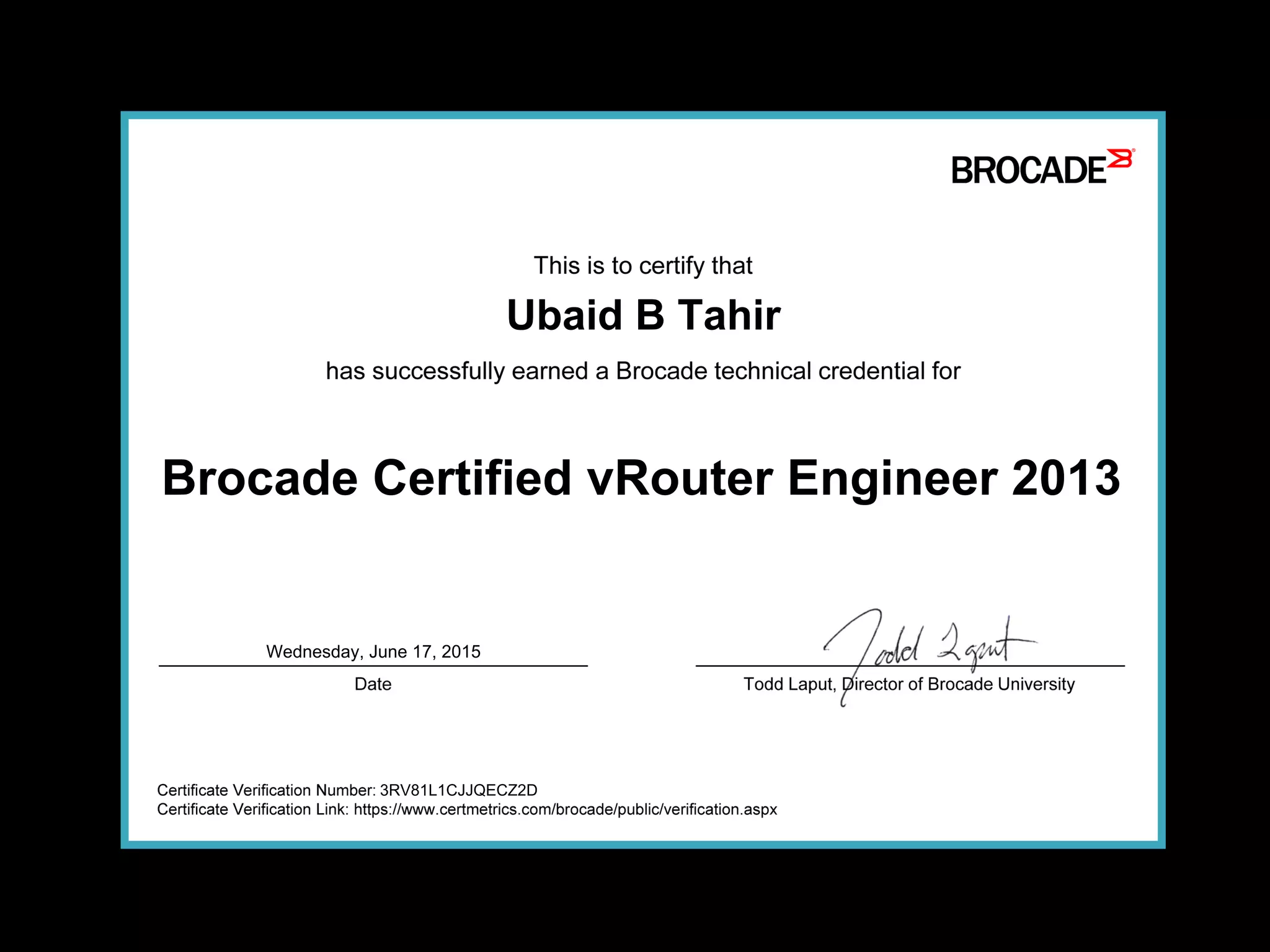 Brocade Certified vRouter Engineer 2013 certificate | PDF