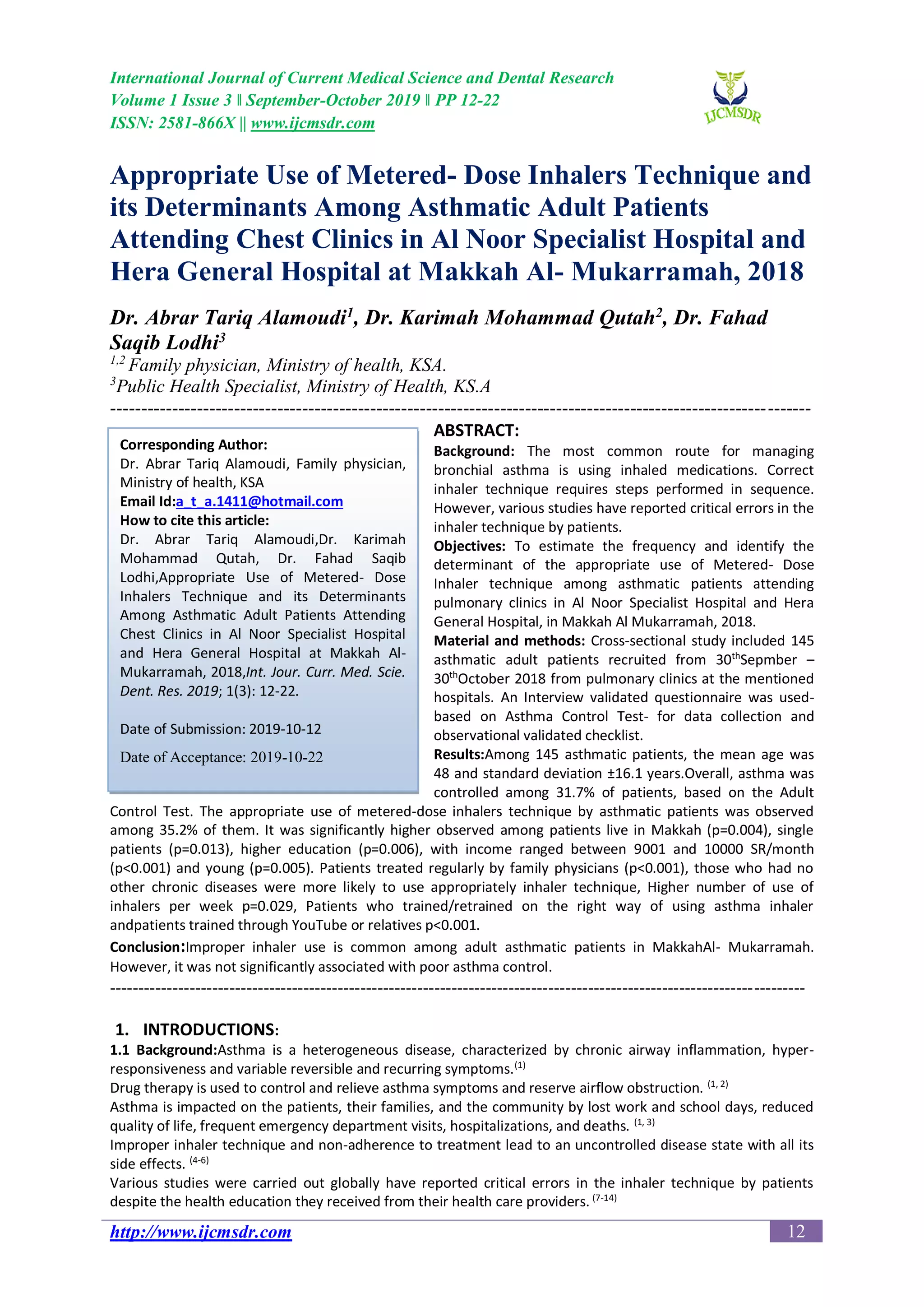 Appropriate Use of Metered- Dose Inhalers Technique and its ...