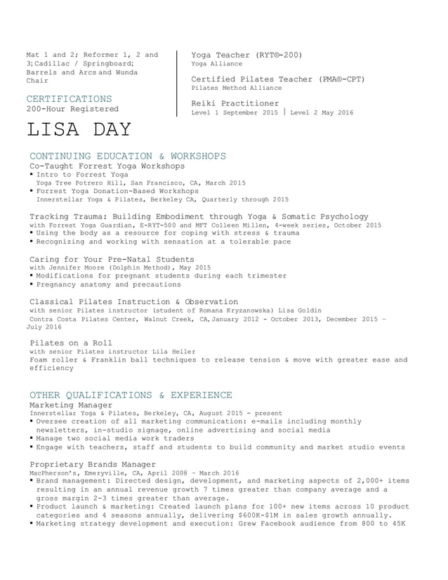 Lisa Day Yoga Resume | DOCX | Business | Business and Finance