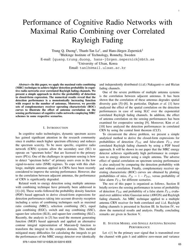 Performance of cognitive radio networks with maximal ratio combining ...