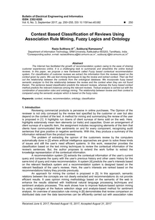 Context Based Classification of Reviews Using Association Rule Mining, Fuzzy Logics and Ontology ...
