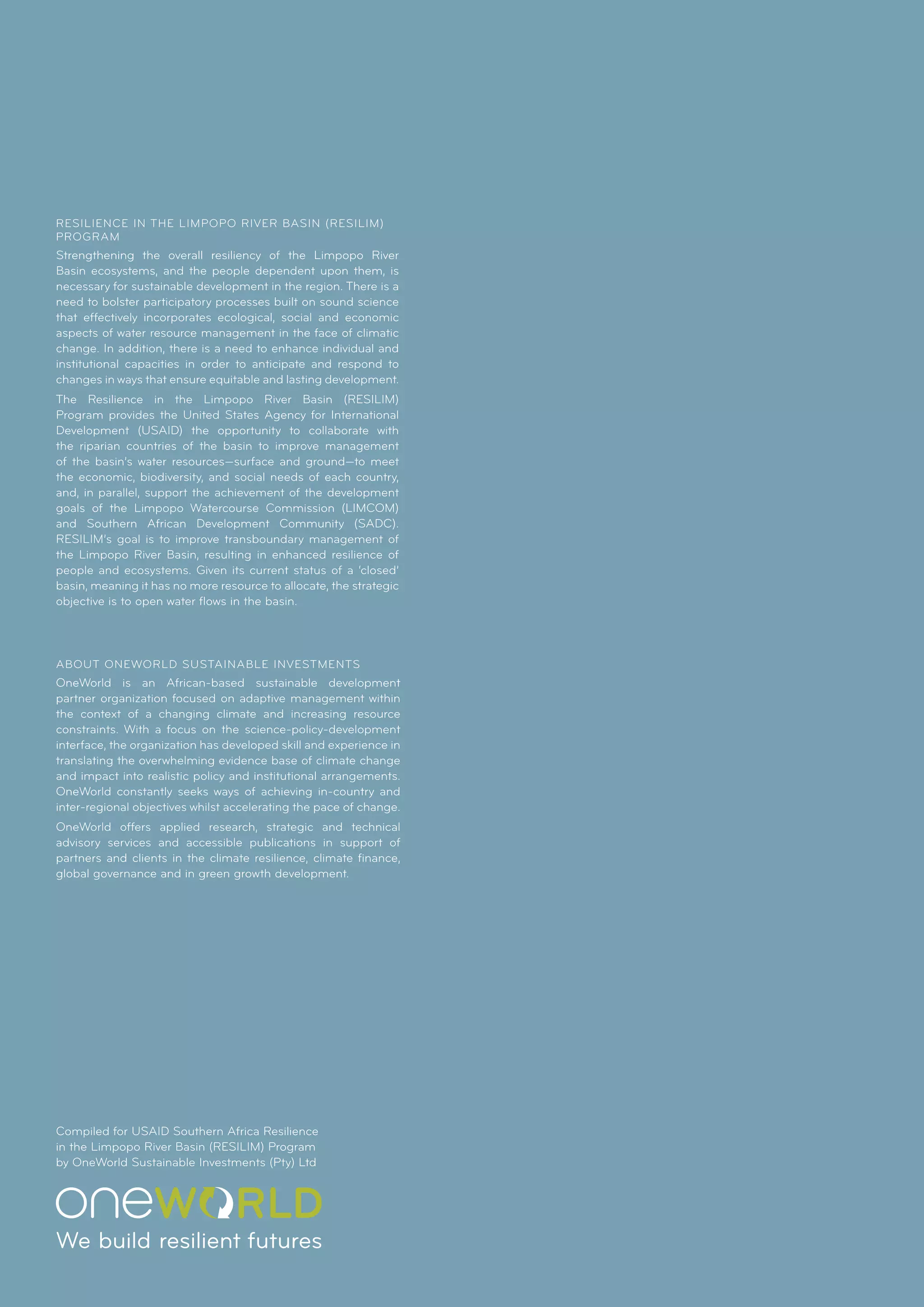 Risk, Vulnerability and Resilience in the Limpopo River Basin - A ...