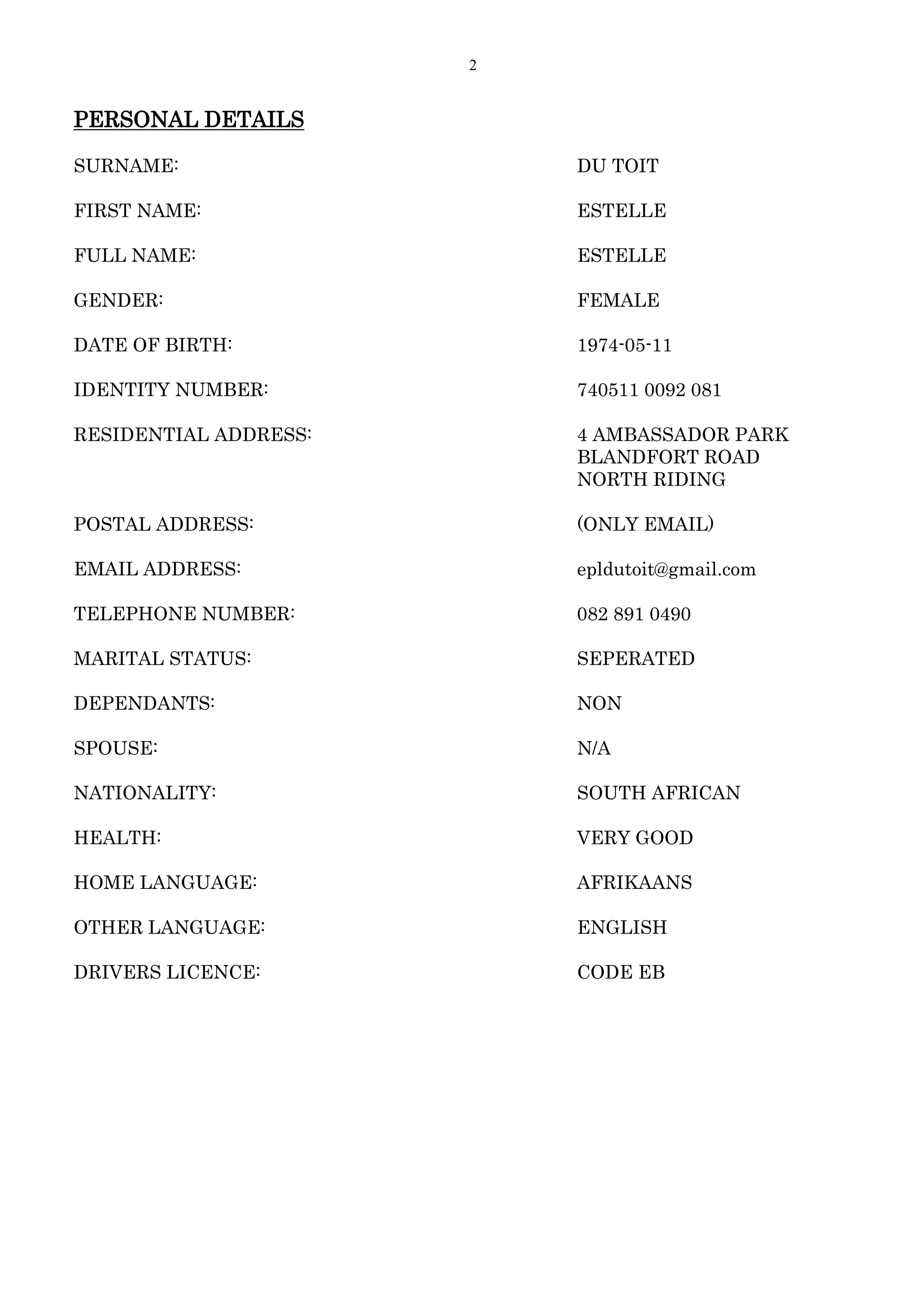 CURRICULUM VITAE ESTELLE JOHANNESBURG | PDF