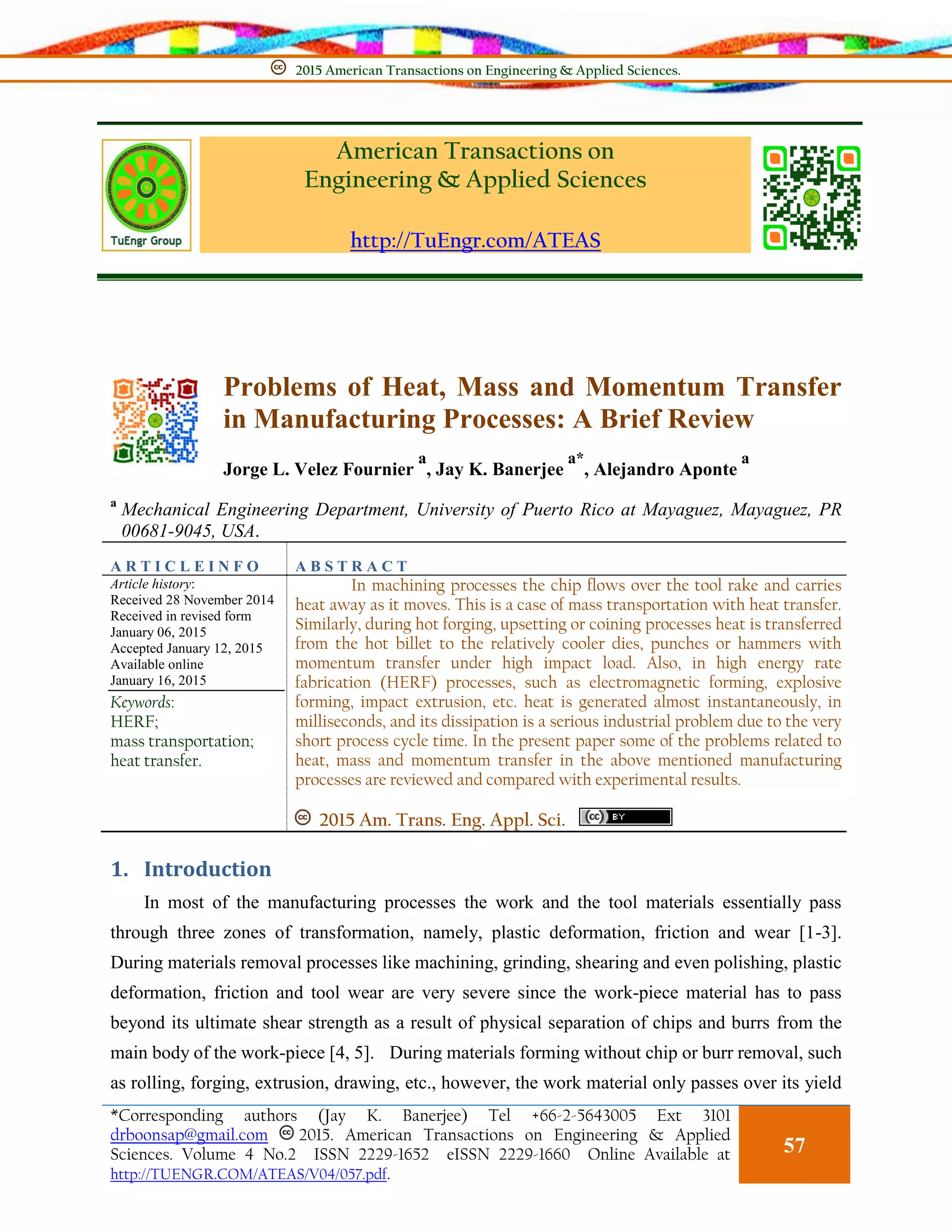 Problems of Heat, Mass and Momentum Transfer in Manufacturing Processes ...