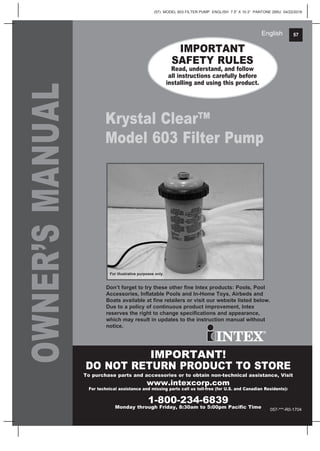 Intex krystalClear Pool Pump manual model 603 for Intex and Bestway swimming pools | PDF