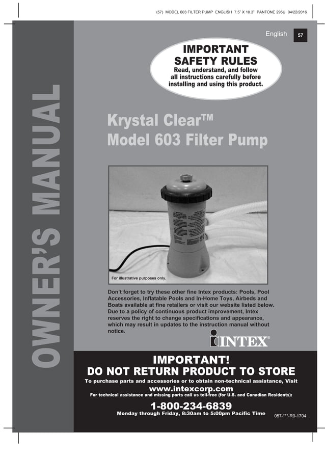 Intex krystalClear Pool Pump manual model 603 for Intex and Bestway ...