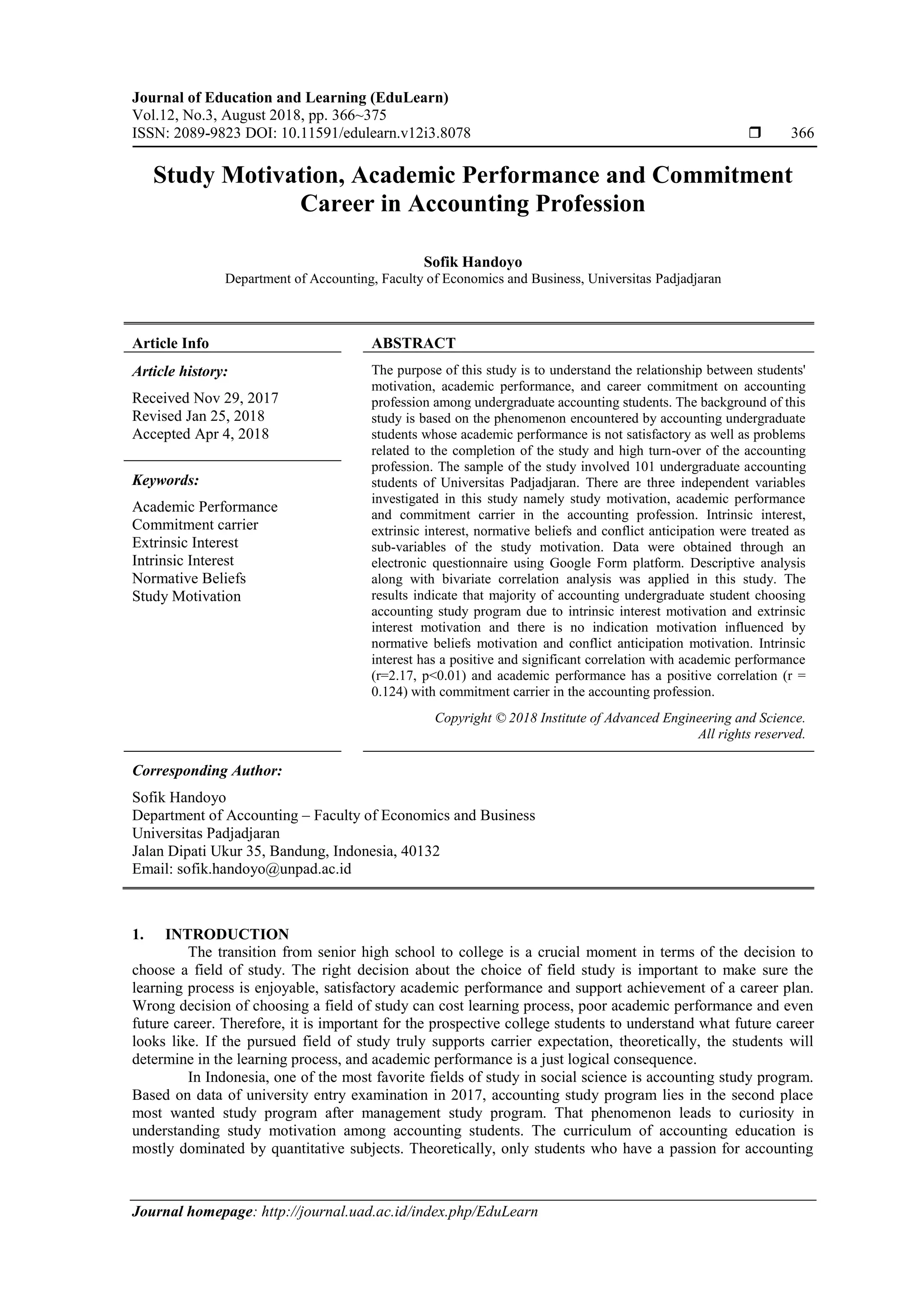 Study Motivation, Academic Performance and Commitment Career in Accounting Profession | PDF