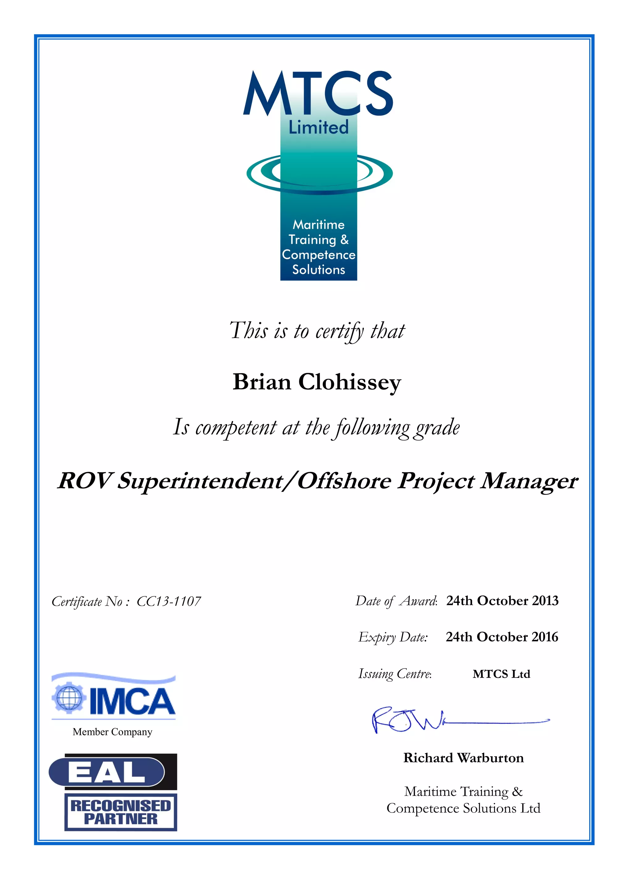 ROV Super-Offshore Project Manager Cert (B Clohissey) | PDF