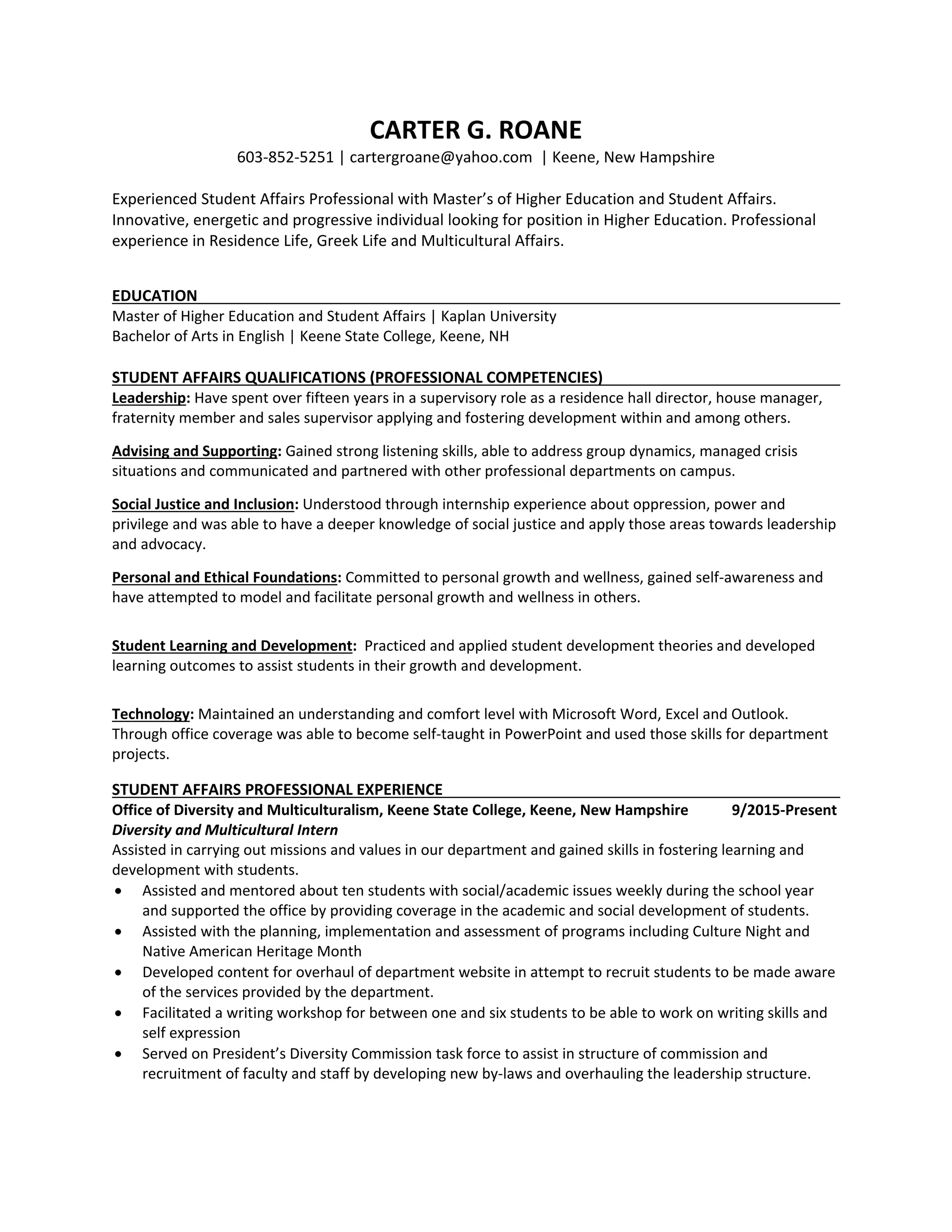 Carter Roane Student Affairs Resume | PDF