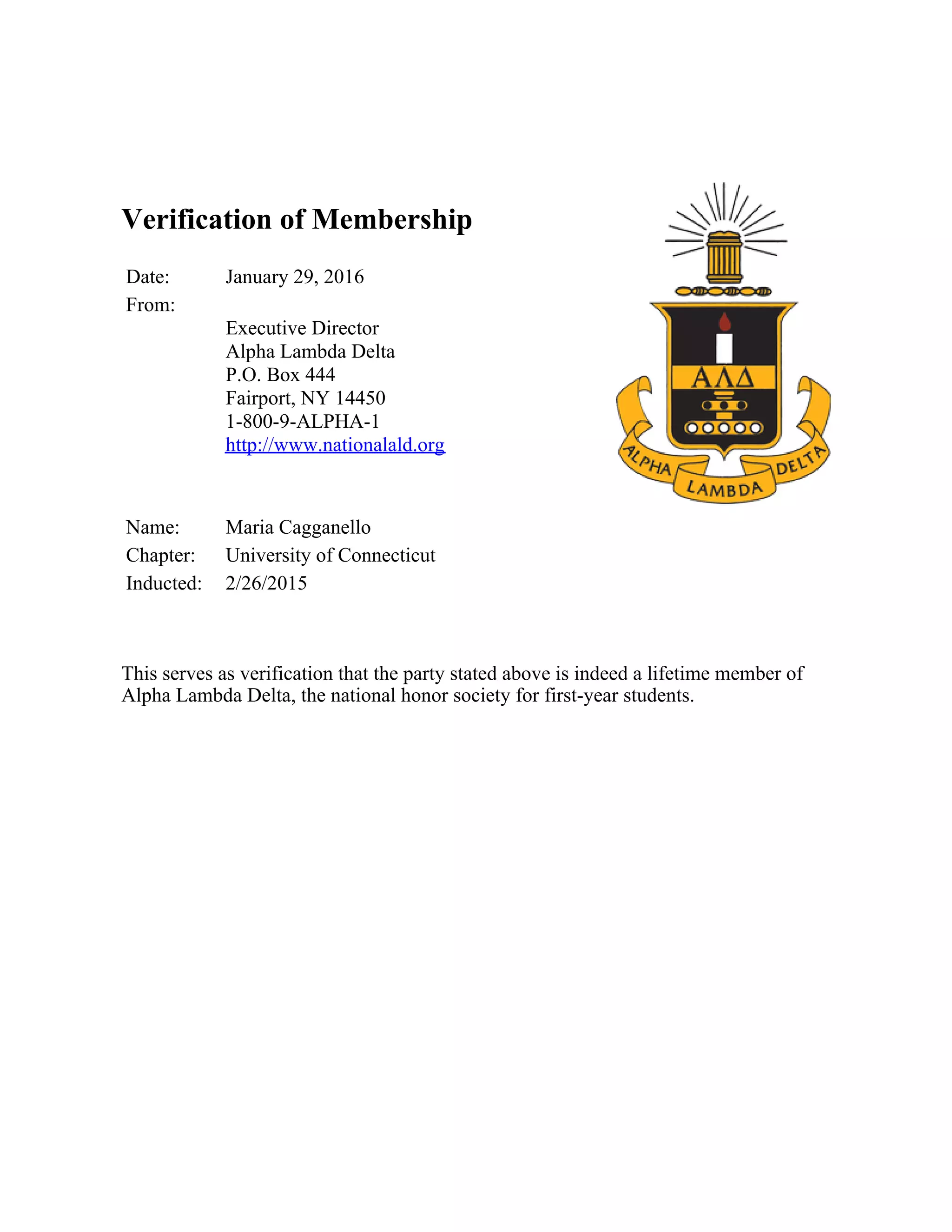 Alpha Lambda Delta Verification Letter | PDF