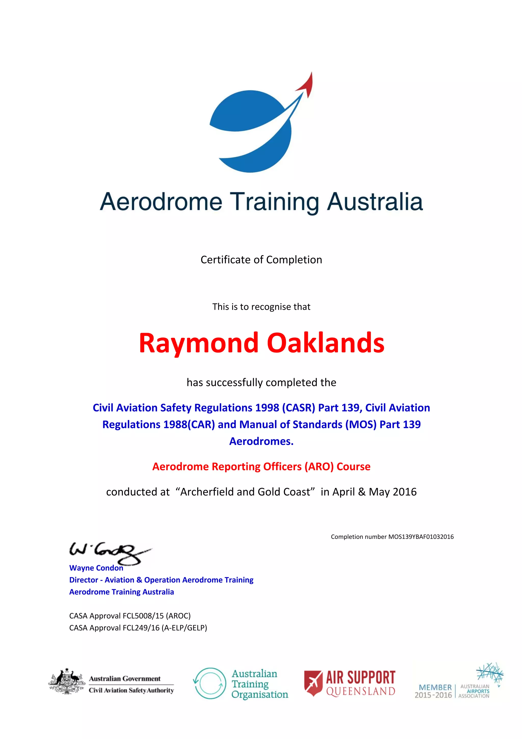 Ray Oaklands MOS 139 (ARO)Certificate | PDF