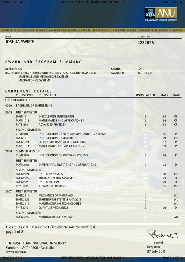 Joshua_Swifte_ANU_Transcript(1) | PDF | Undergraduate Education | College Education