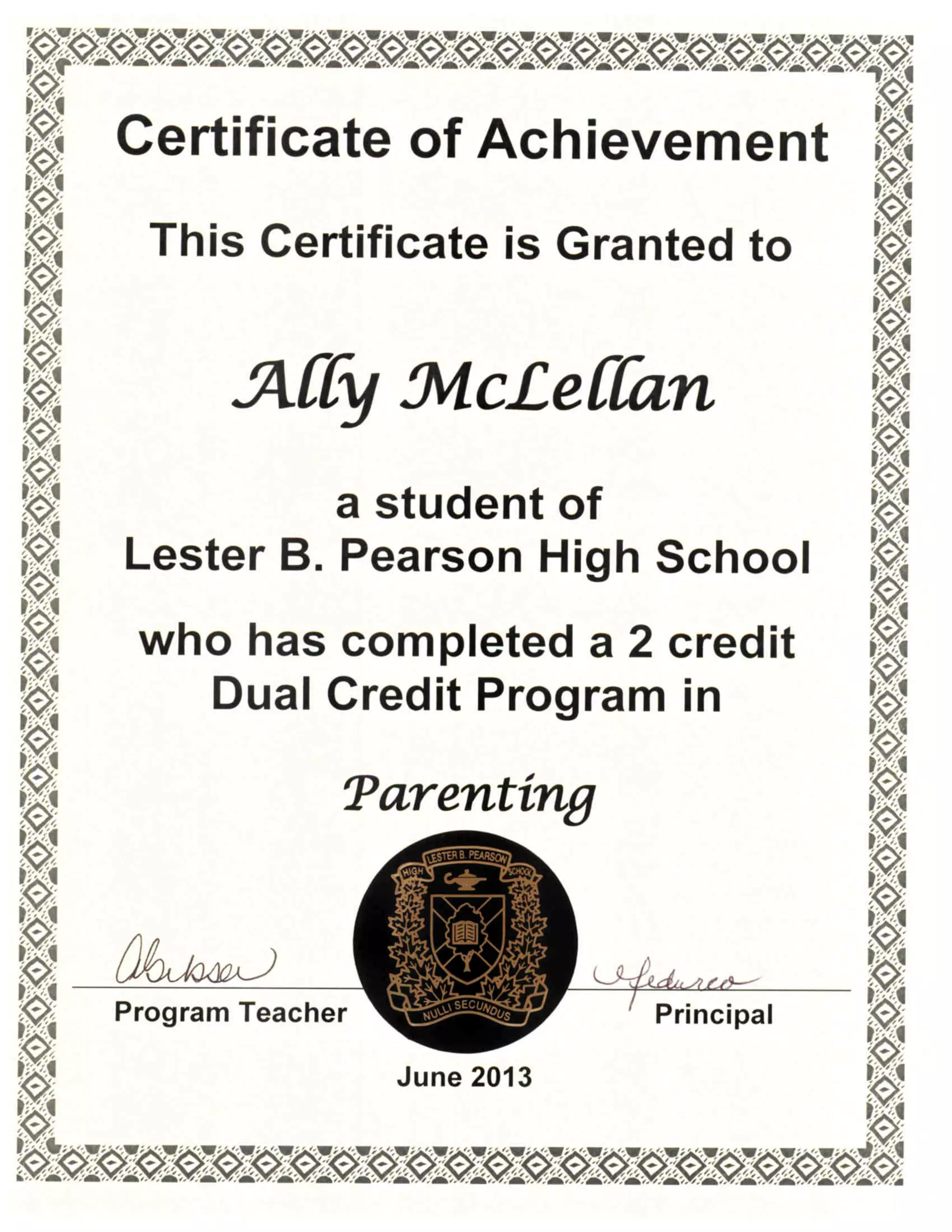 Certificate of Achievement - Dual Credit Program - June 2013 | PDF