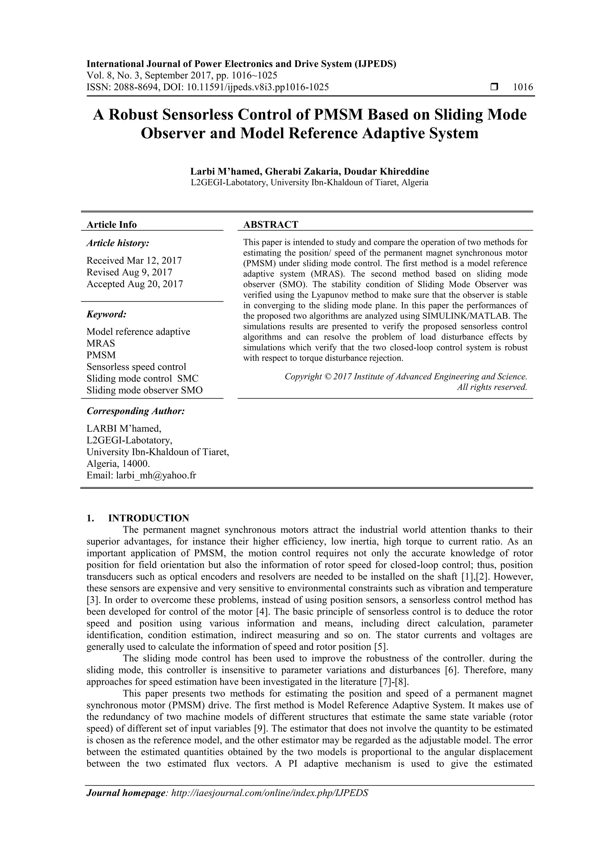 A Robust Sensorless Control of PMSM Based on Sliding Mode Observer and Model Reference Adaptive ...