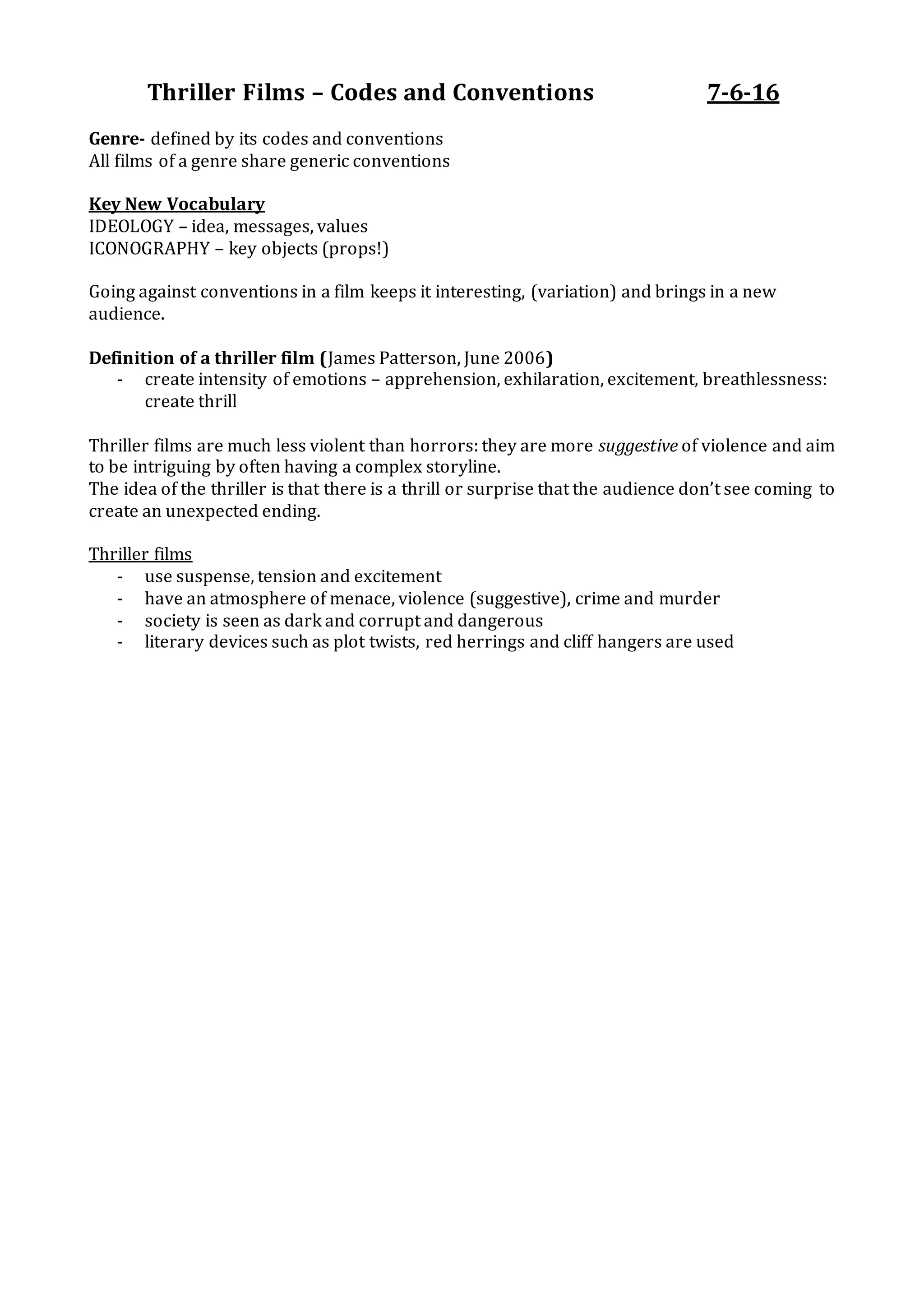 Codes & Conventions of Thriller Films (notes) | DOCX