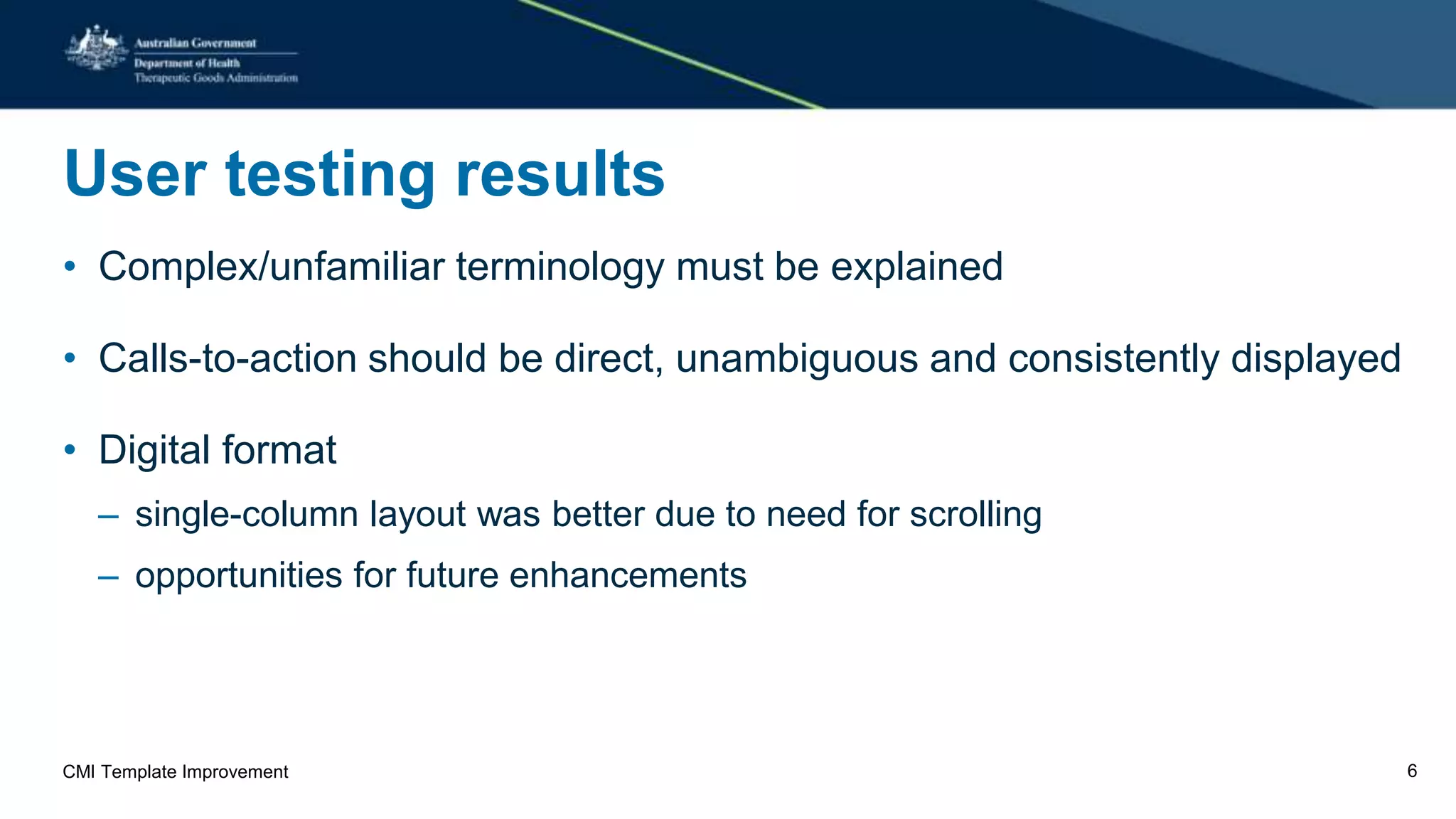 Consumer Medicine Information - Improving the CMI template | PPT