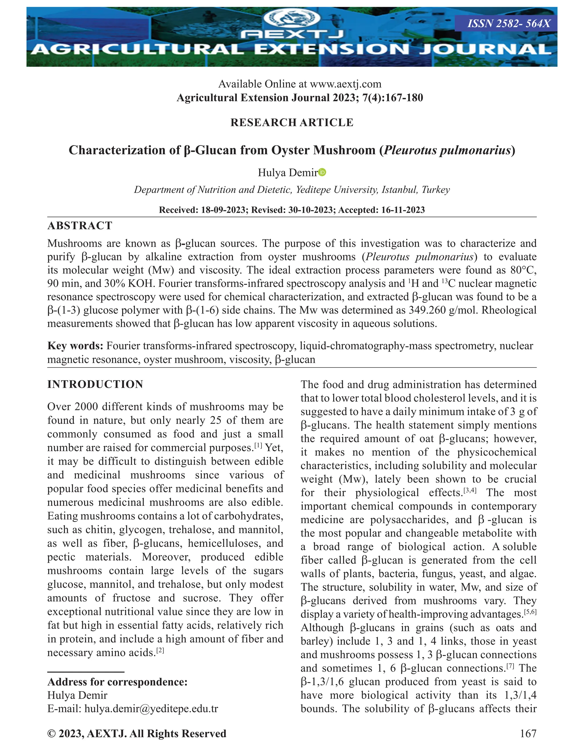Characterization of β-Glucan from Oyster Mushroom (Pleurotus ...